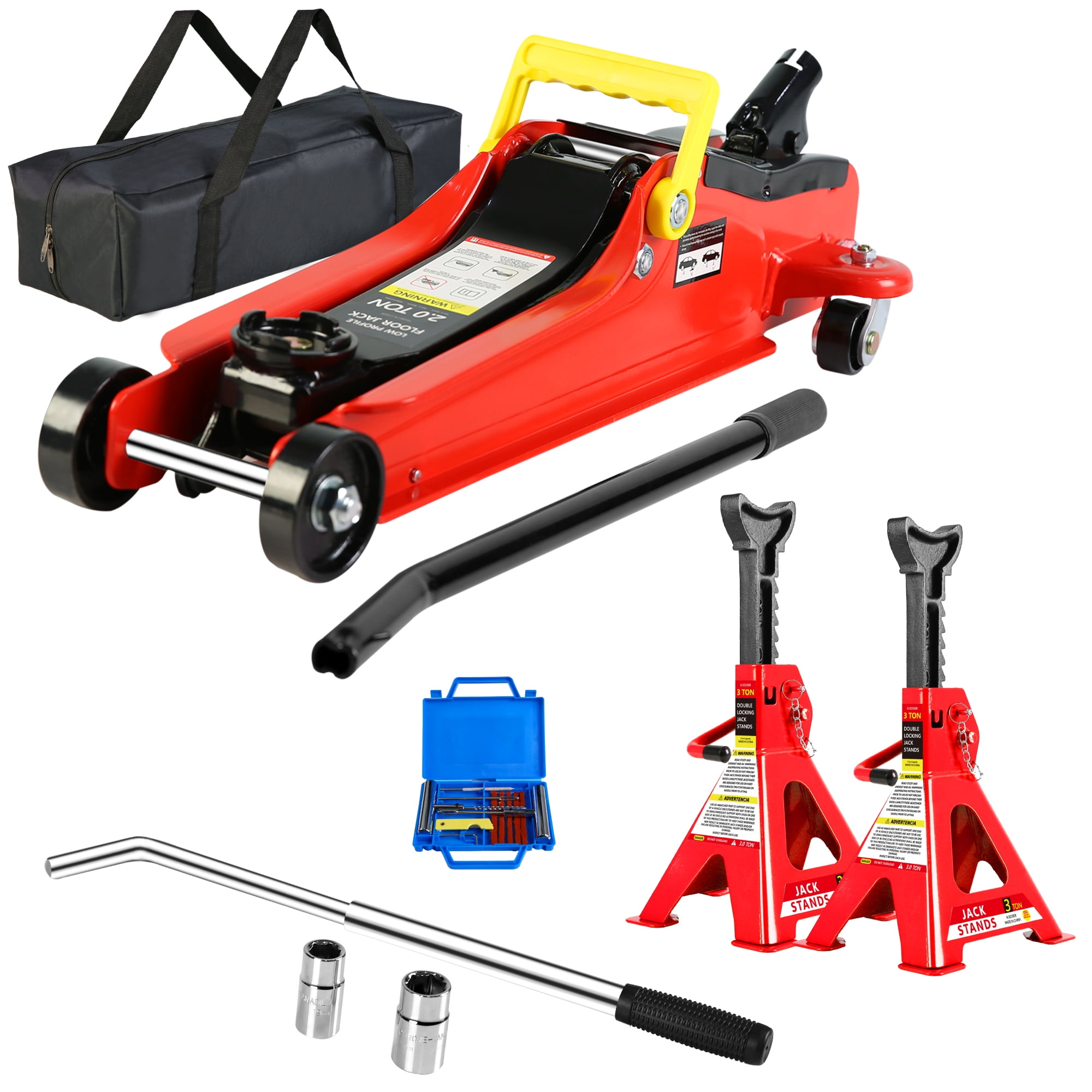 Floor Jack, 2 Ton Low Profile Floor Jack, 3t jack stand Tire Repair Kit ...