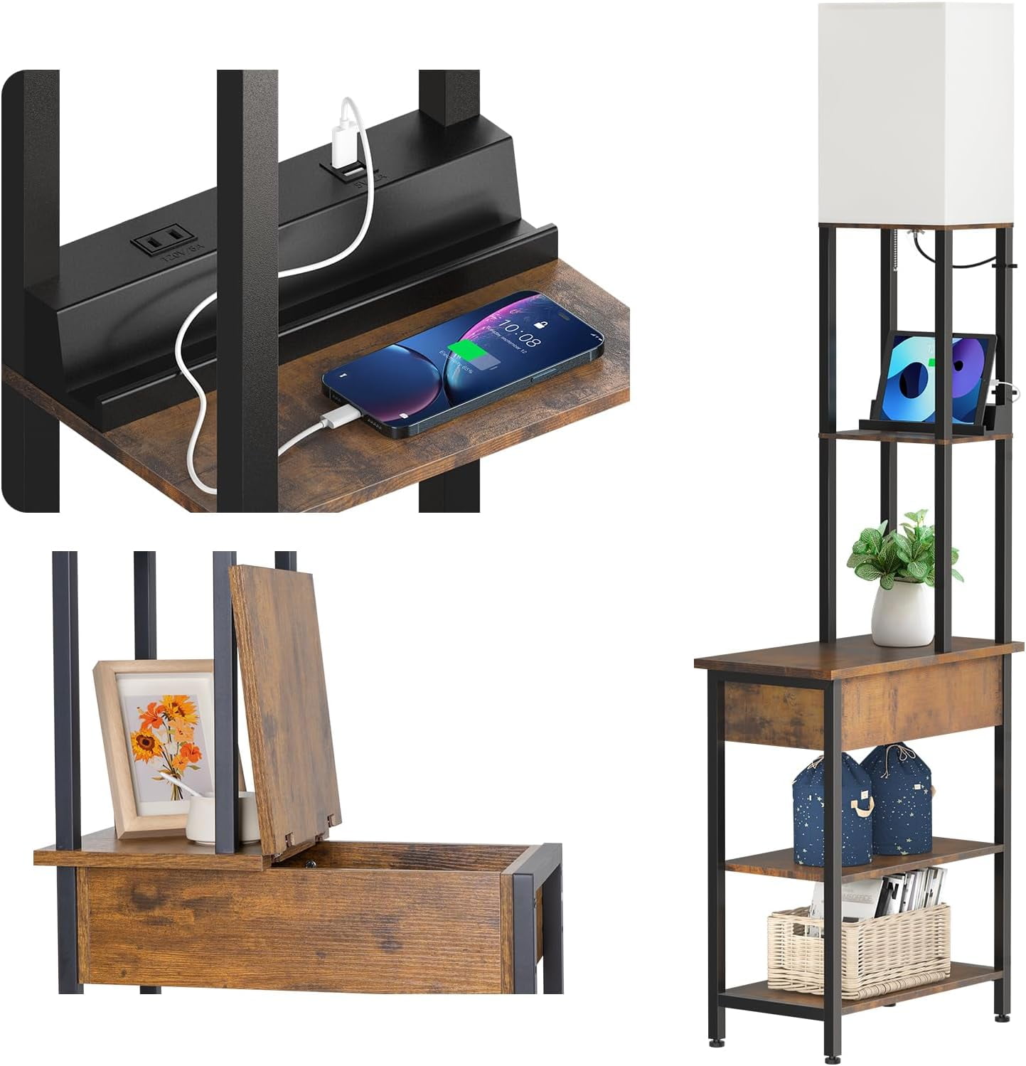 Floor Lamp with 2 USB, 1 Outlet and Flip-Top Storage Cabinet, 3CCT LED ...