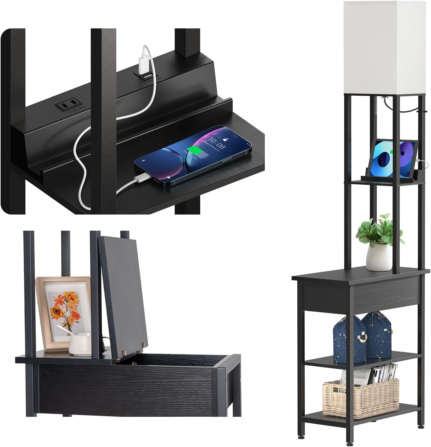 Floor Lamp with 2 USB, 1 Outlet and Flip-Top Storage Cabinet, 3CCT LED ...