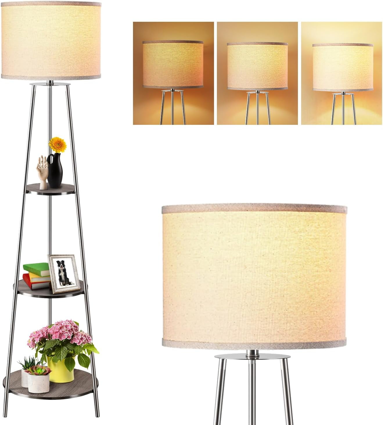 Floor Lamp, 3-Tier Round Corner Shelf Floor Lamp with 3 Dimmable Levels ...