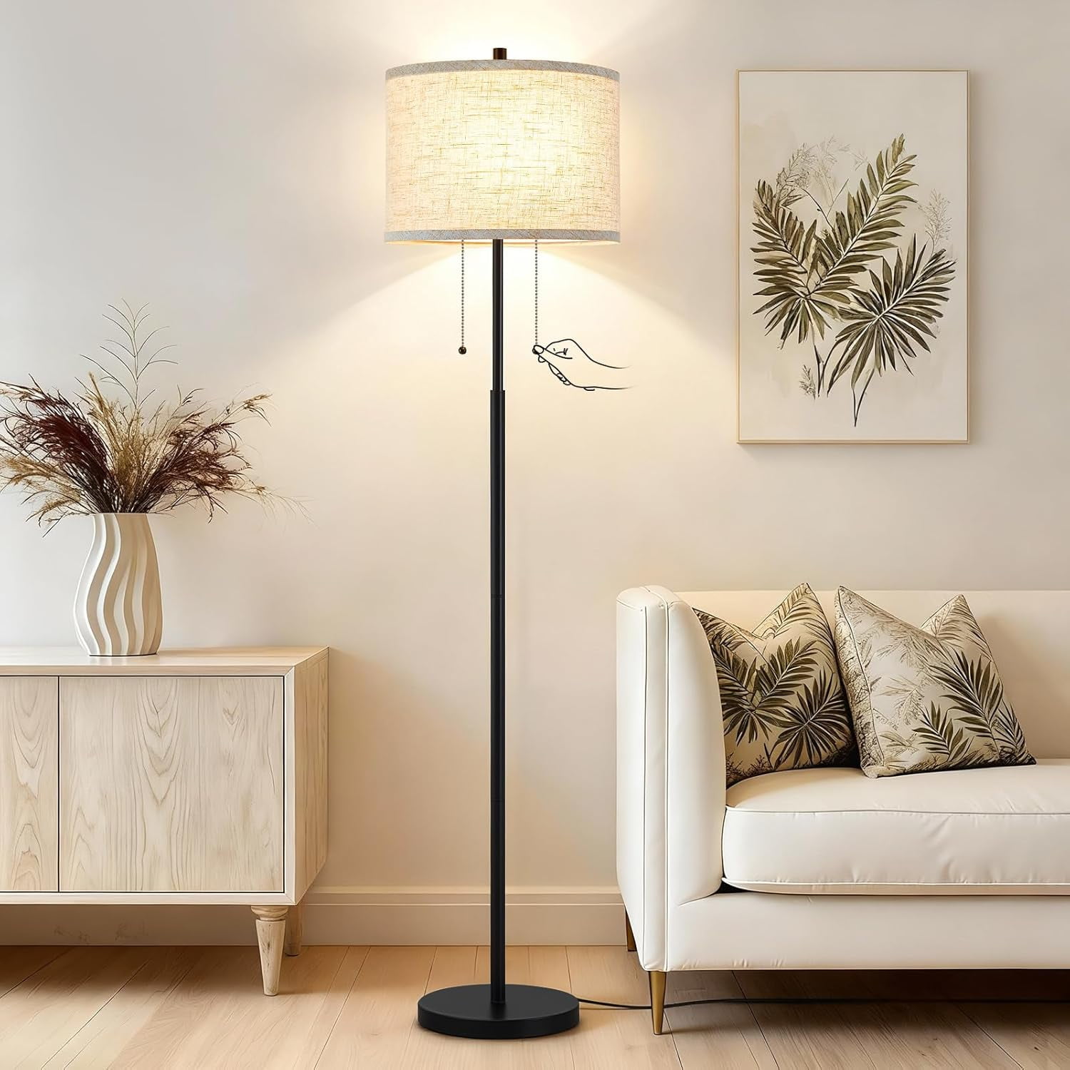 Floor Lamp, 60" Standing Lamp Tall Lamp with Fabric Lampshade&Pull ...