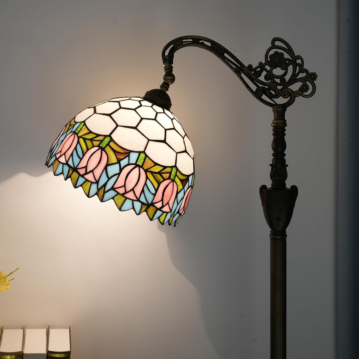 Floor Lamp with Angle Adjustable Stained Glass Lampshade Rustic Style ...