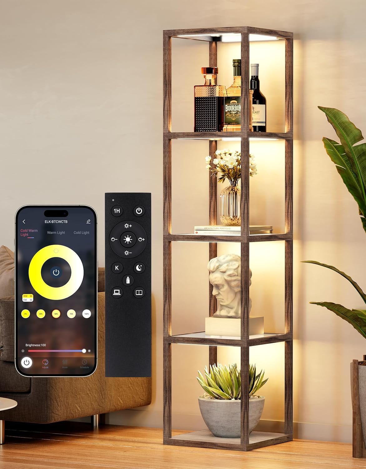 Floor Lamp Glass Display Shelf with Remote/APP Control, Dimmable LED ...