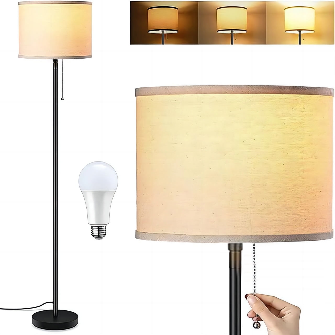 15W LED Floor Lamp, Modern Standing Lamp with Linen Shade, 3 Brightness ...