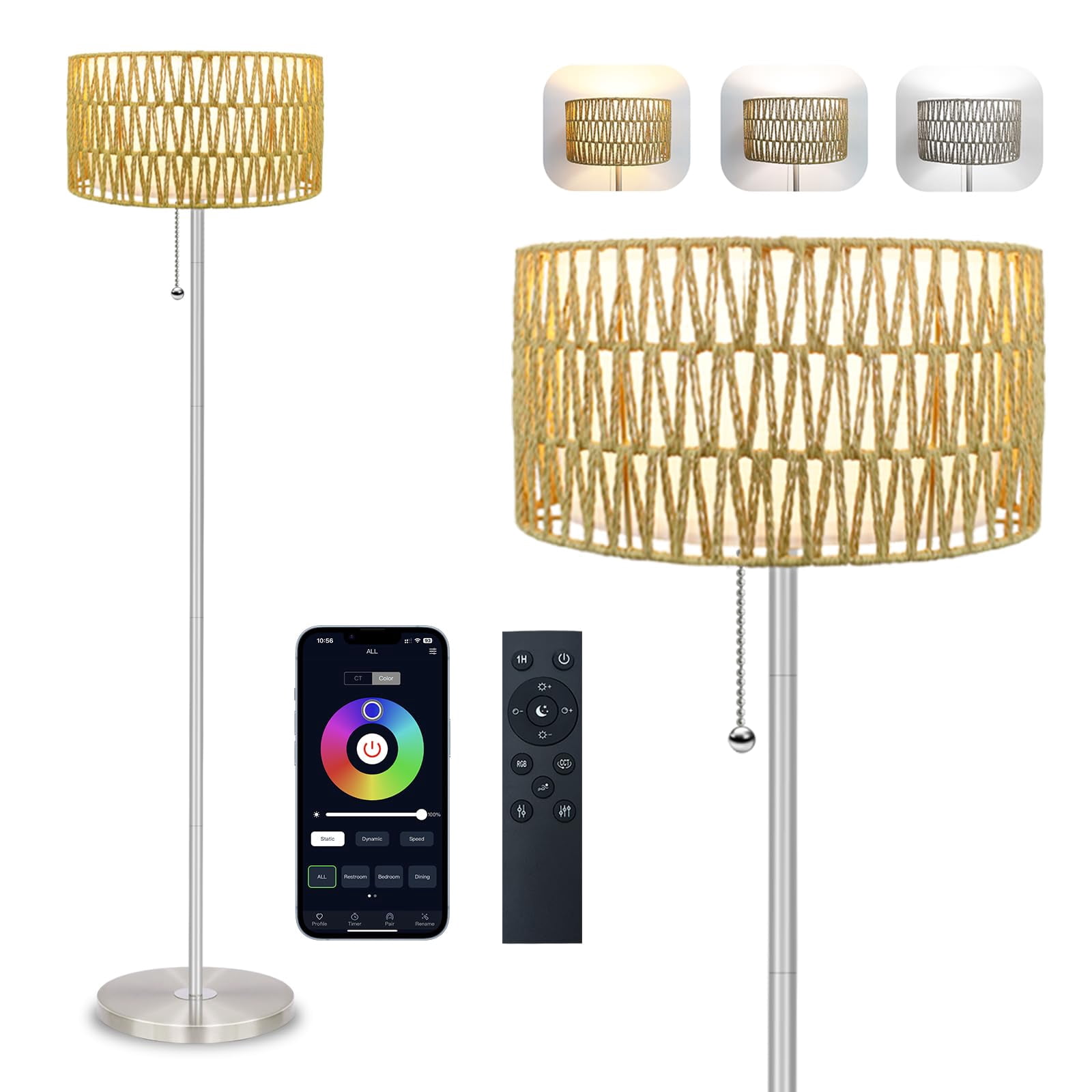 Lambaolom Rattan Floor Lamp Remote-Controlled Boho Style, Dimmable 16M ...