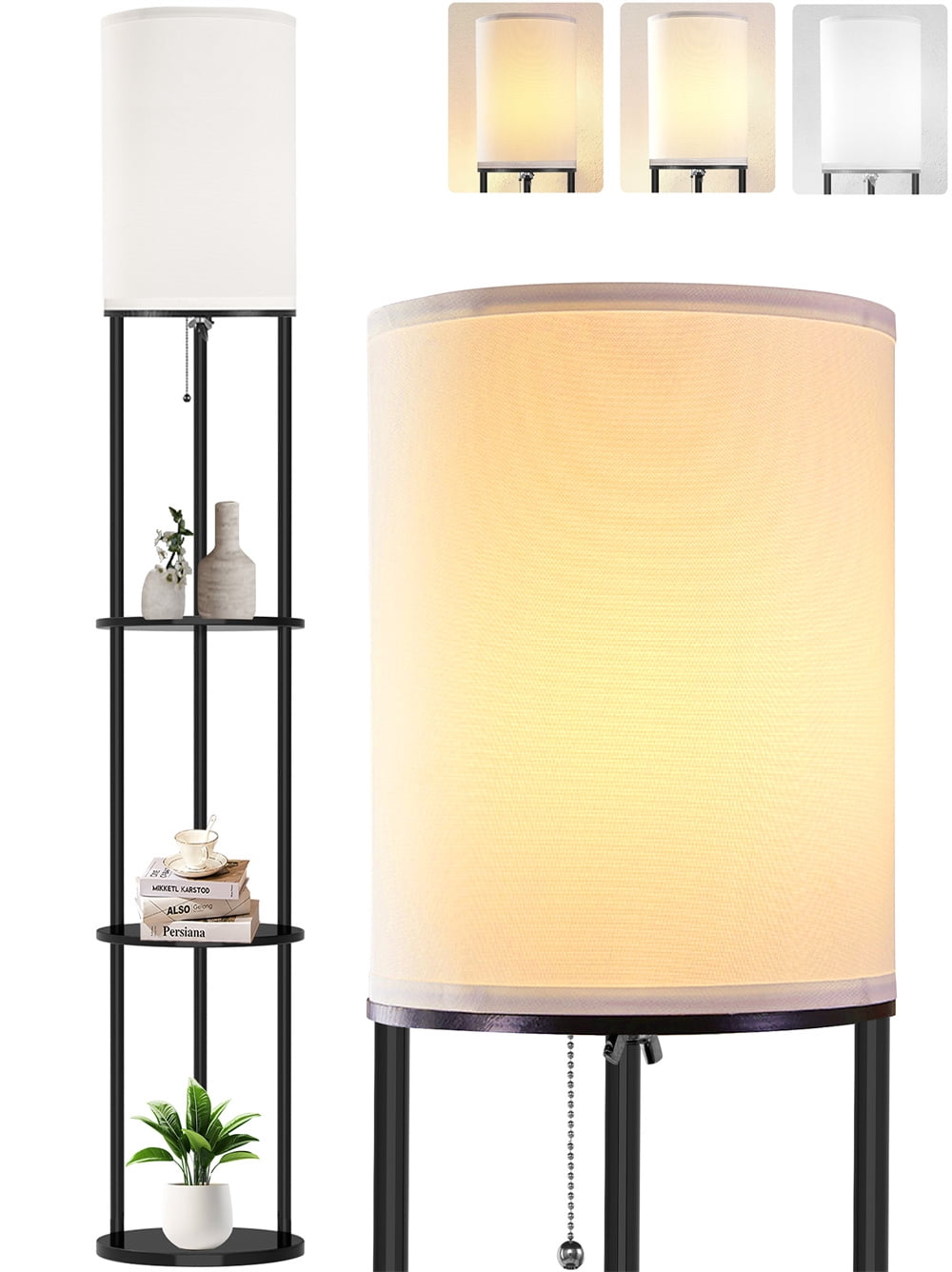 Floor Lamp with Shelves, 64" Round Standing Lamp with 3 Color ...