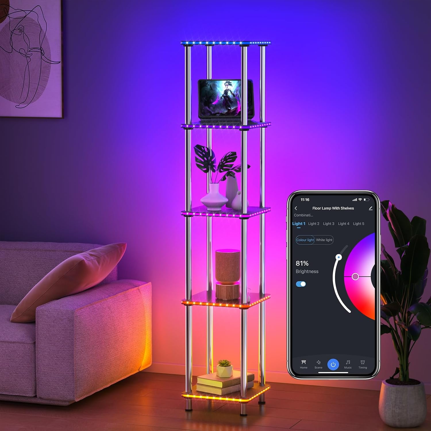 Floor Lamp with Shelves Height Adjustable RGB Floor Lamp with Music ...
