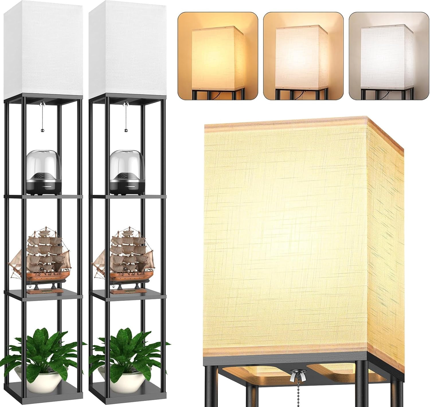 Floor Lamp with Shelves for Living Room 2 Pack, Shelf Floor Lamp with 3 ...