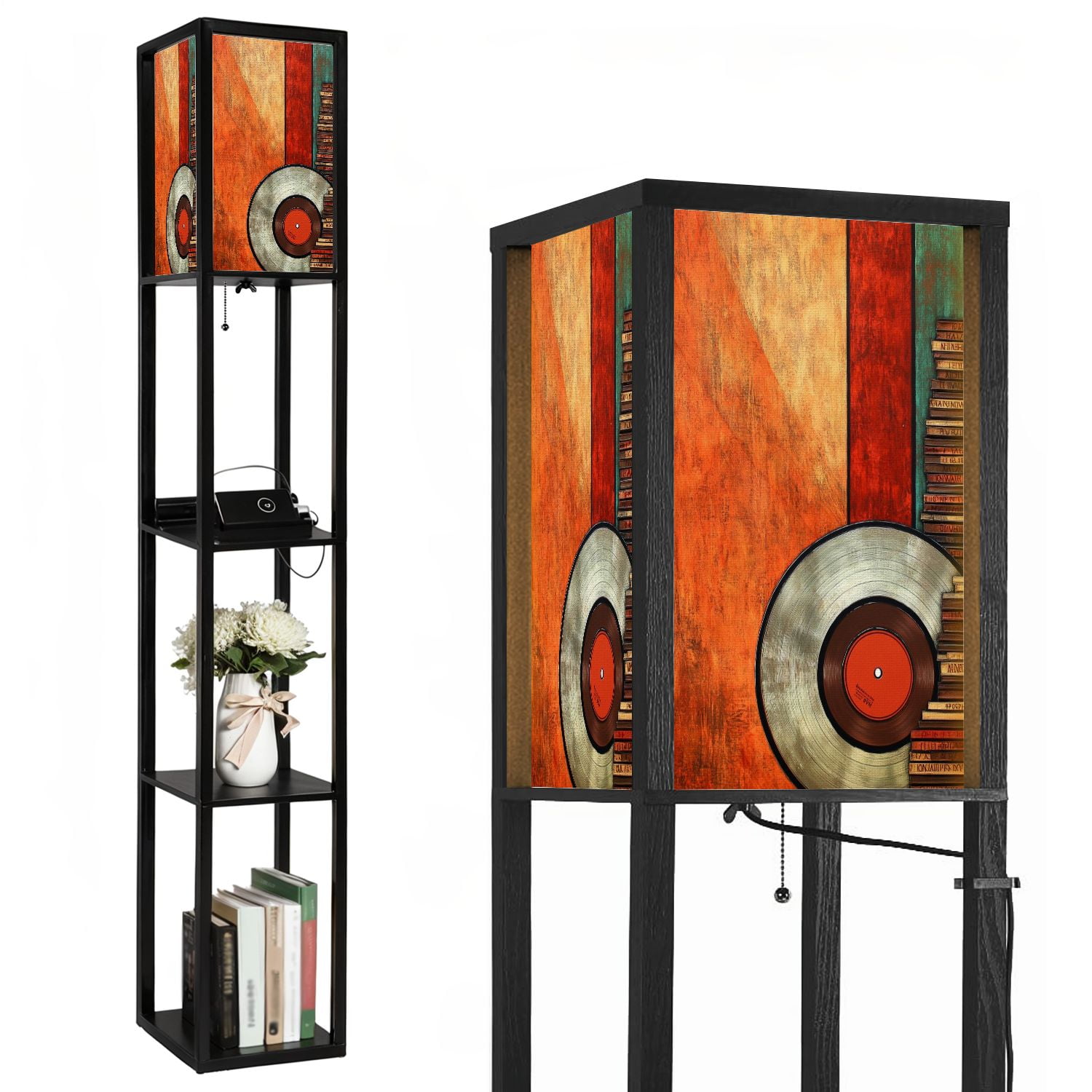 Floor Lamp with Shelves,Modern Dimmable Standing Lamp 33RPM Brown Decorative Music Art Vinyl ...