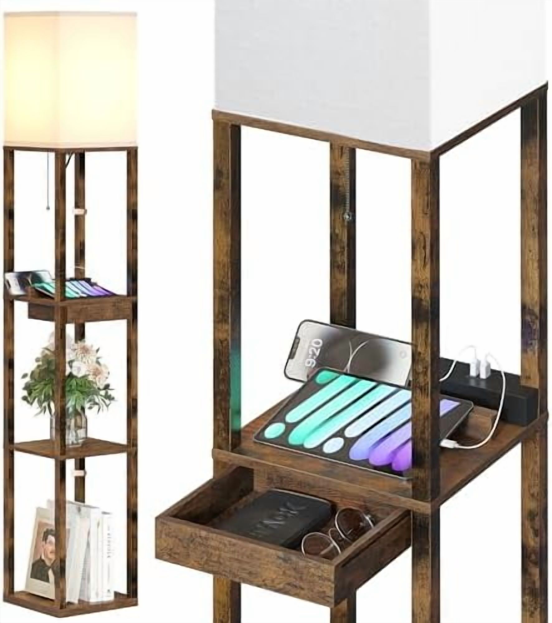 Floor Lamp with Shelves, Modern Dimmable Standing Lamp with Drawer & 2 ...