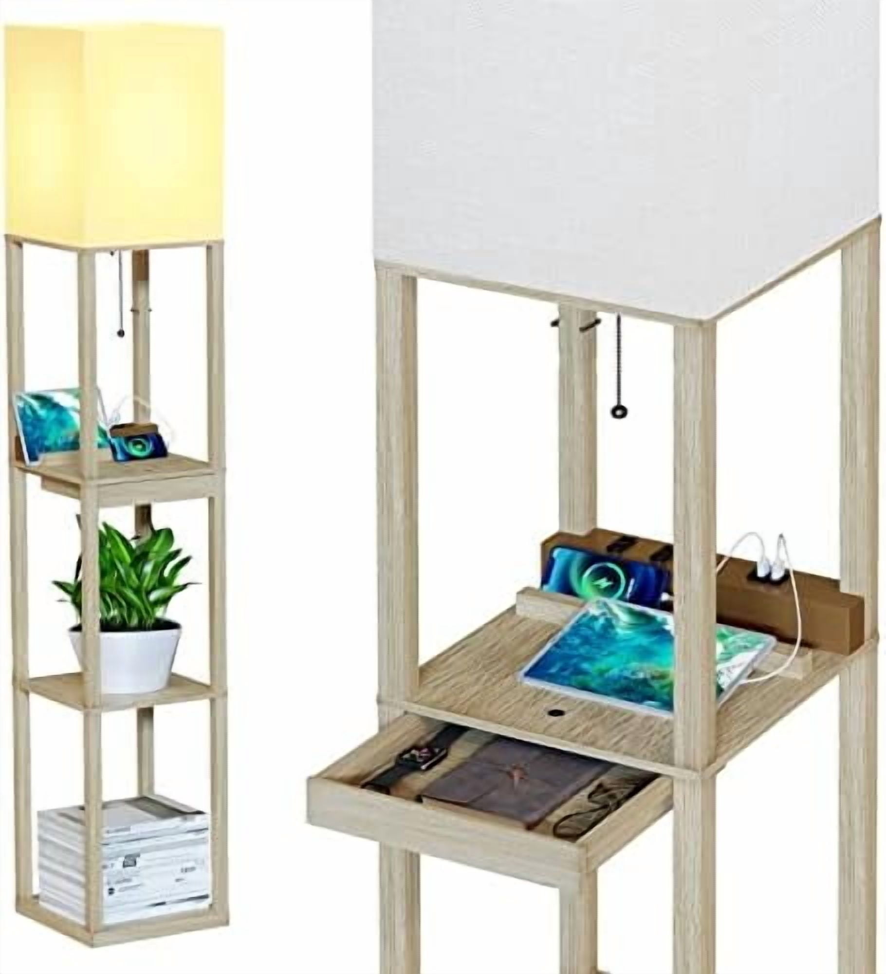 Floor Lamp with Shelves,Modern Dimmable Wood Standing Lamp with 1 ...