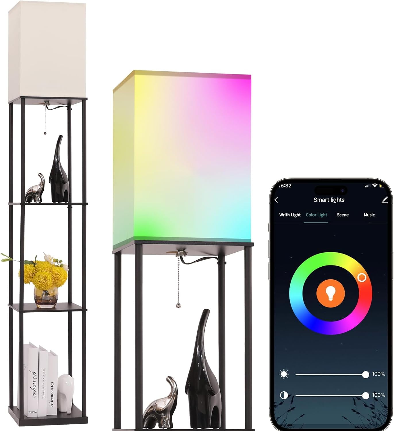 Floor Lamp with Shelves, with Modern Square Standing Lamp with Smart ...