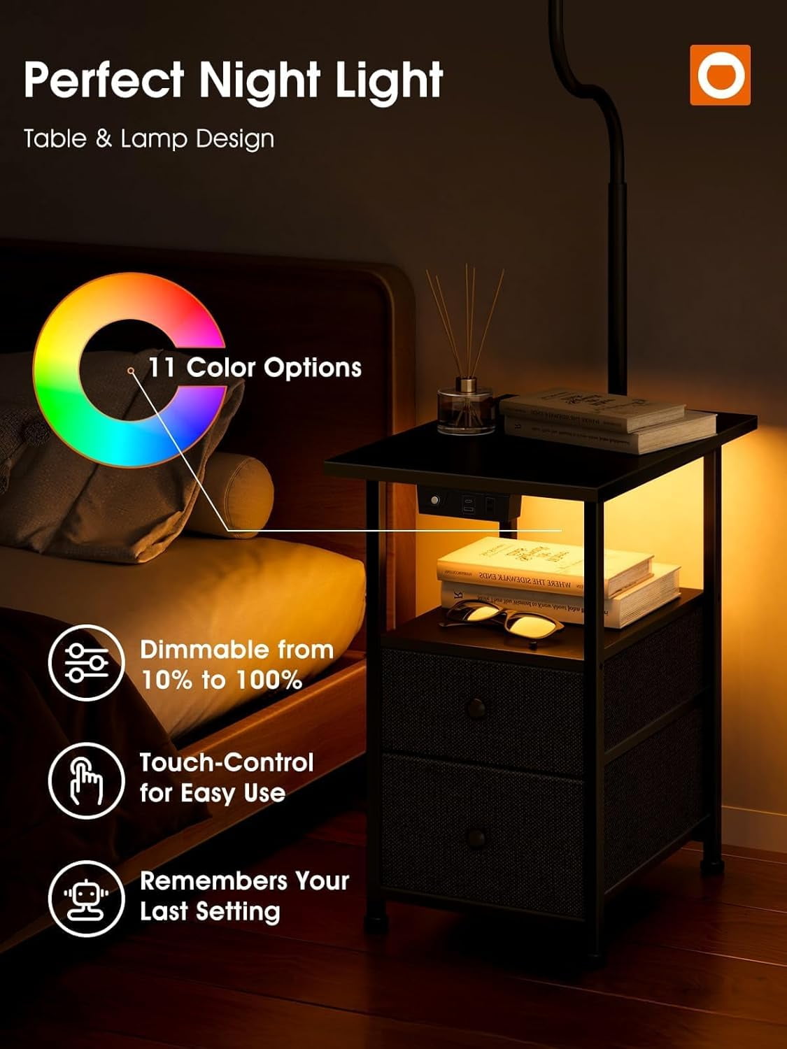 Floor Lamp Side Table with Night Light, Night Stand with Charging ...