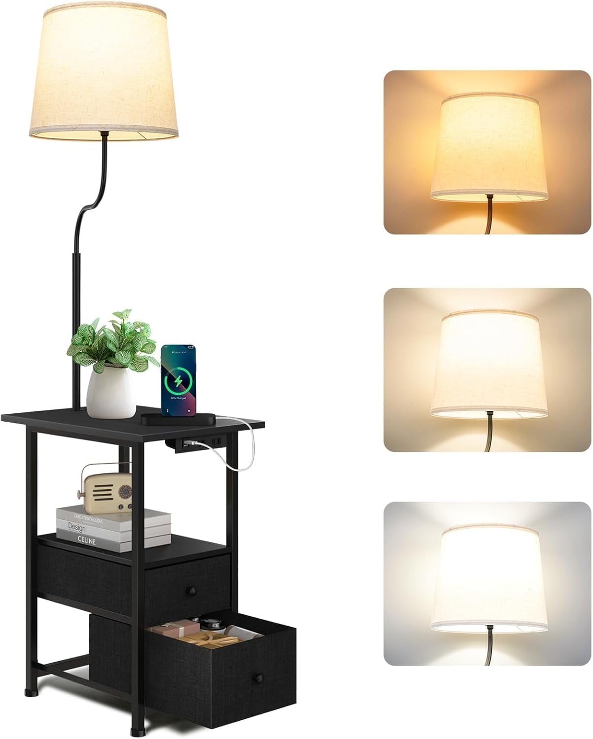 Floor Lamp with Side Table, Nightstand with Charging Station, 3 Color ...
