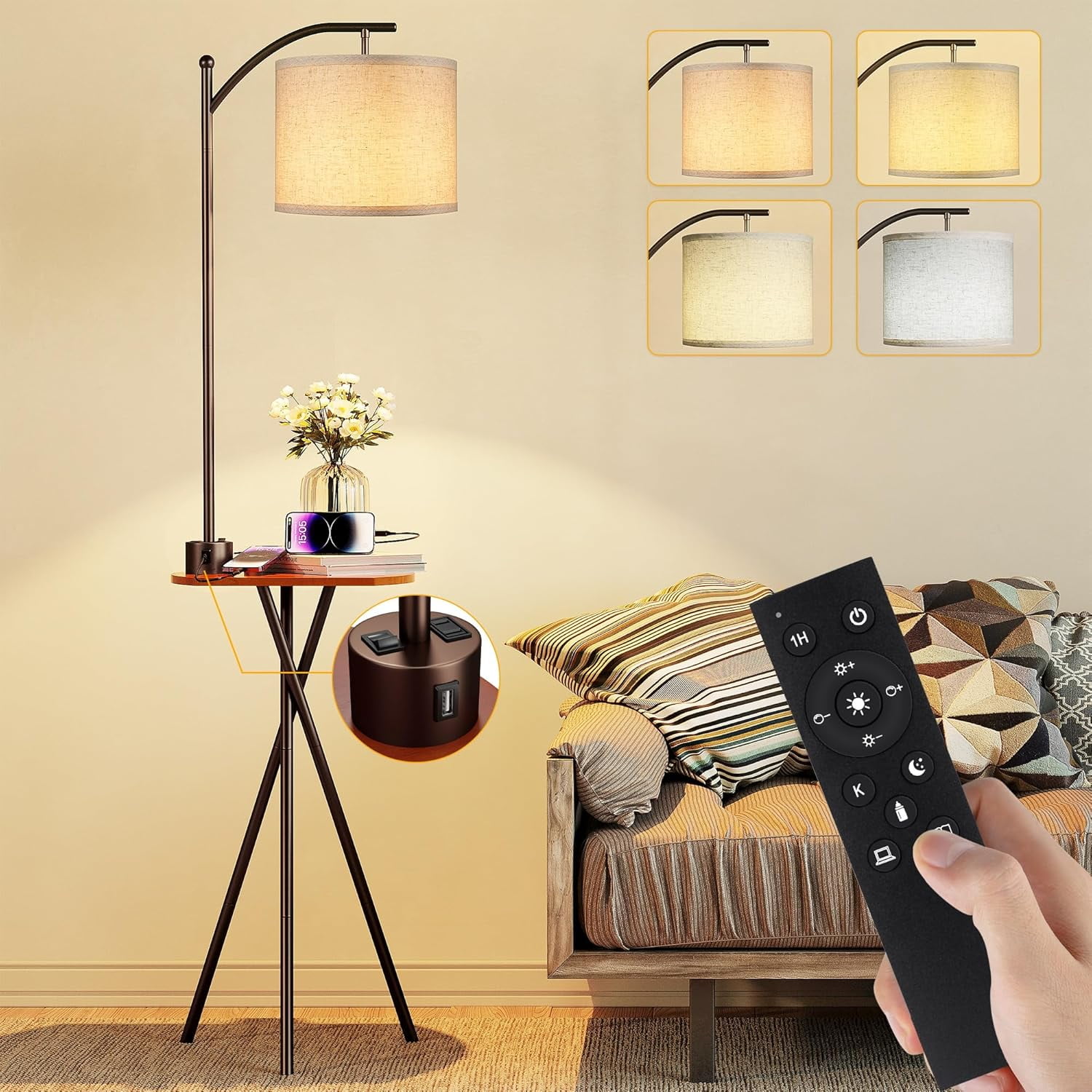Floor Lamp with Table, End Table with Remote Control and Charging ...