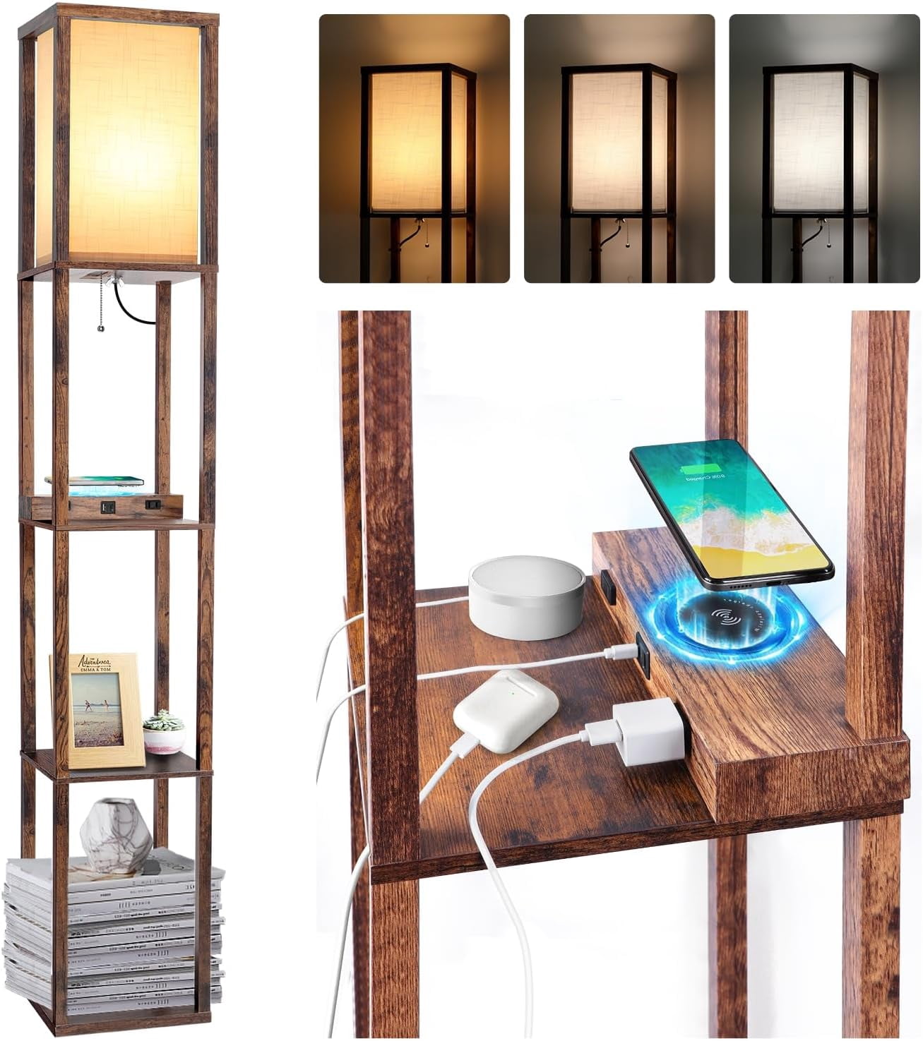 Floor Lamp with Wireless Charger, Modern Shelves Floor Lamp with USB A ...