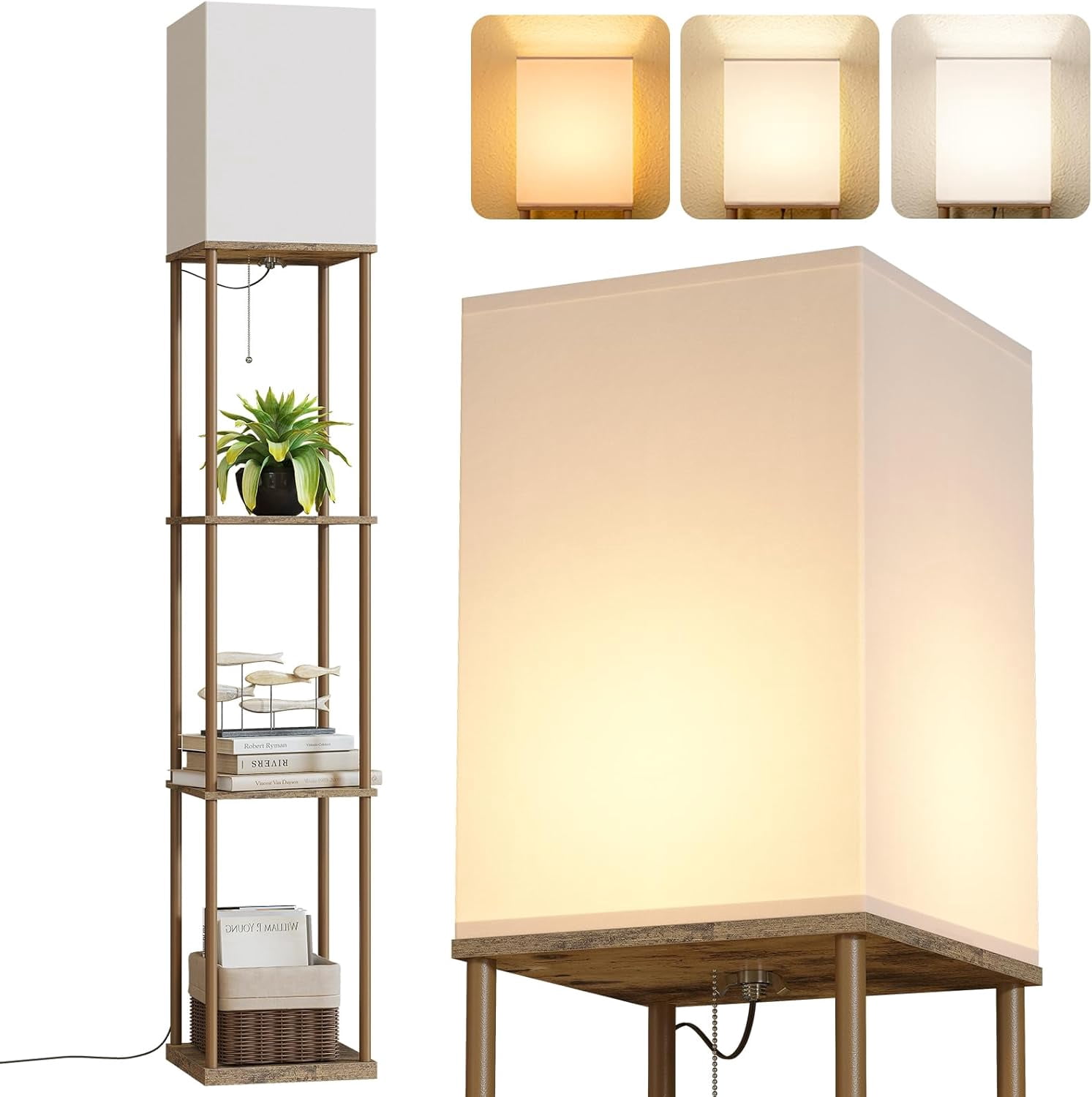 Floor Lamp with Shelves, Modern Square Standing Lamp with 3 Color ...