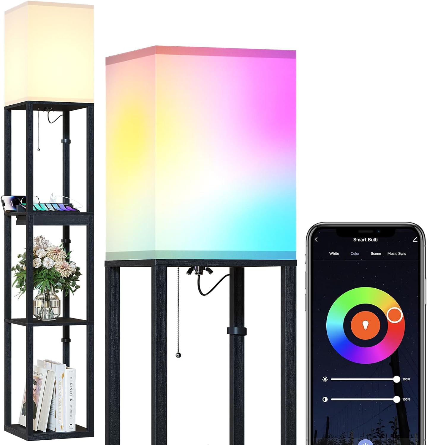 Floor Lamp with Shelves, RGB Light Dimmable Standing Lamp with APP ...