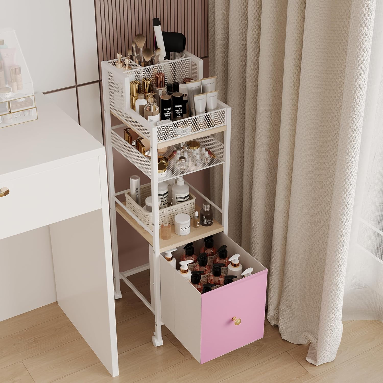 Floor Makeup Organizer Cart, Makeup and Skincare Organizer with Drawers ...