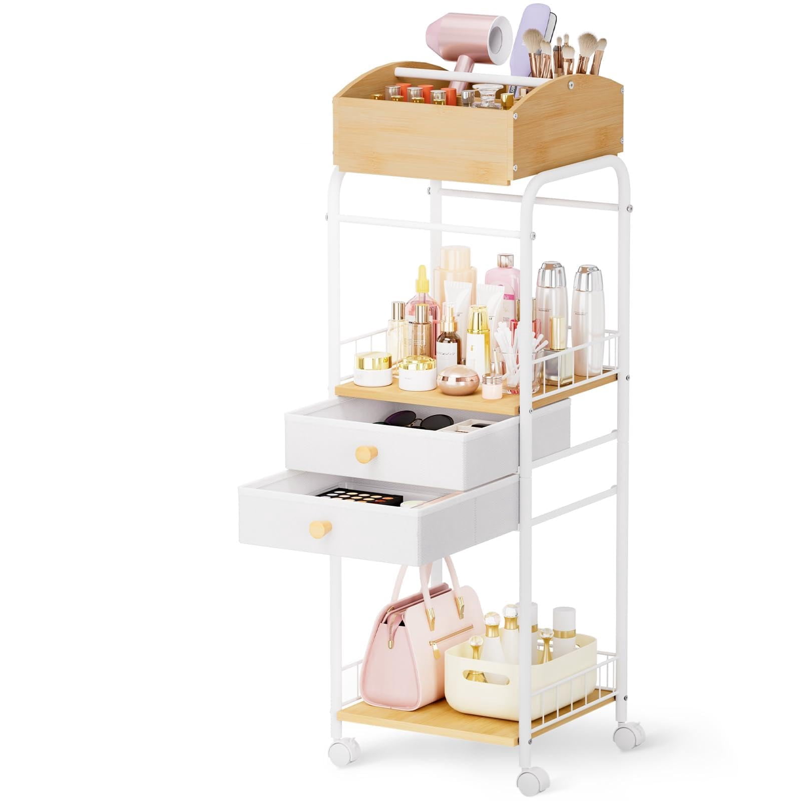 Floor Makeup Organizer Storage Cart with Drawers and Wheels, Skincare ...