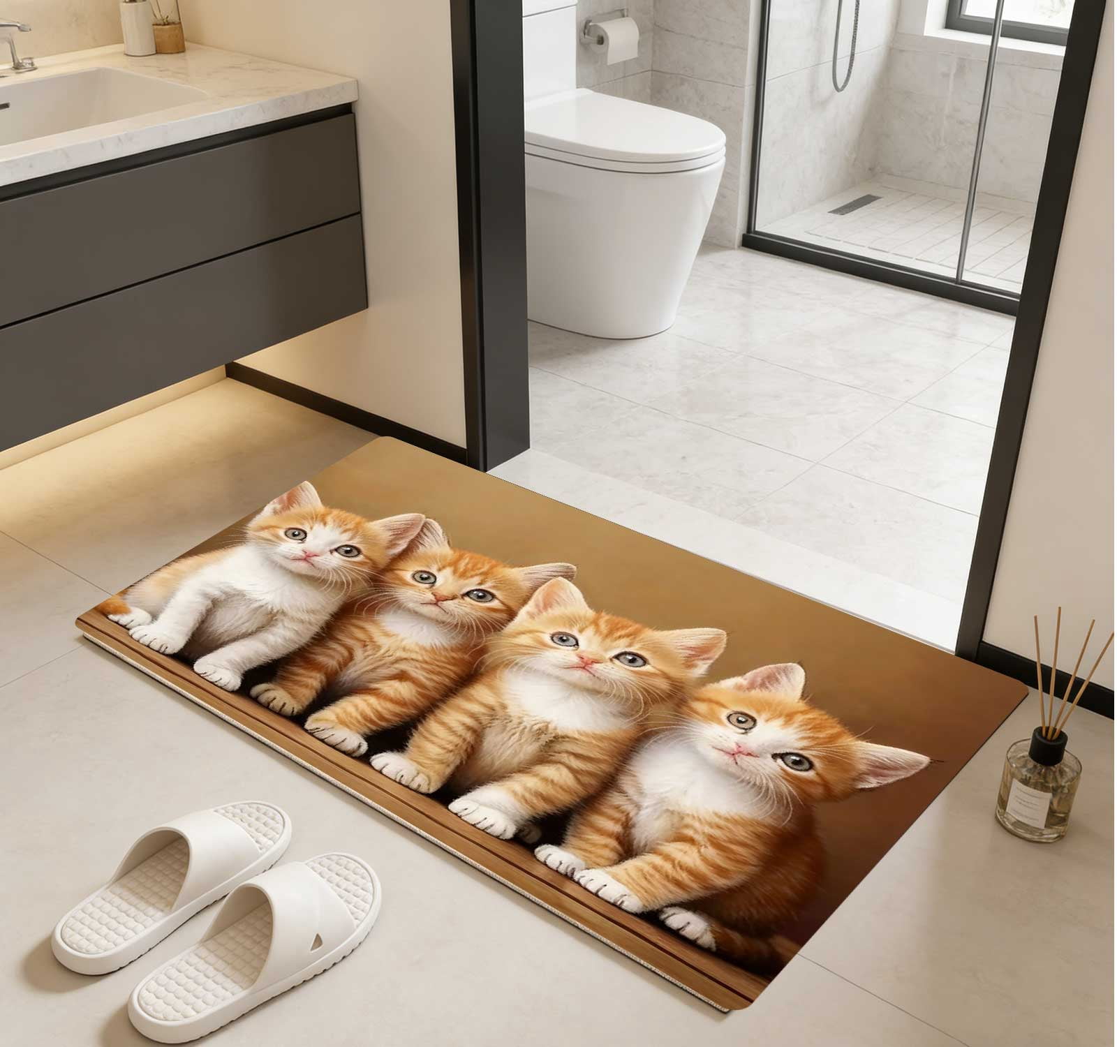 Floor Mat - Quadruplet Orange Cat Design, Fashionable Style, Non-Slip ...