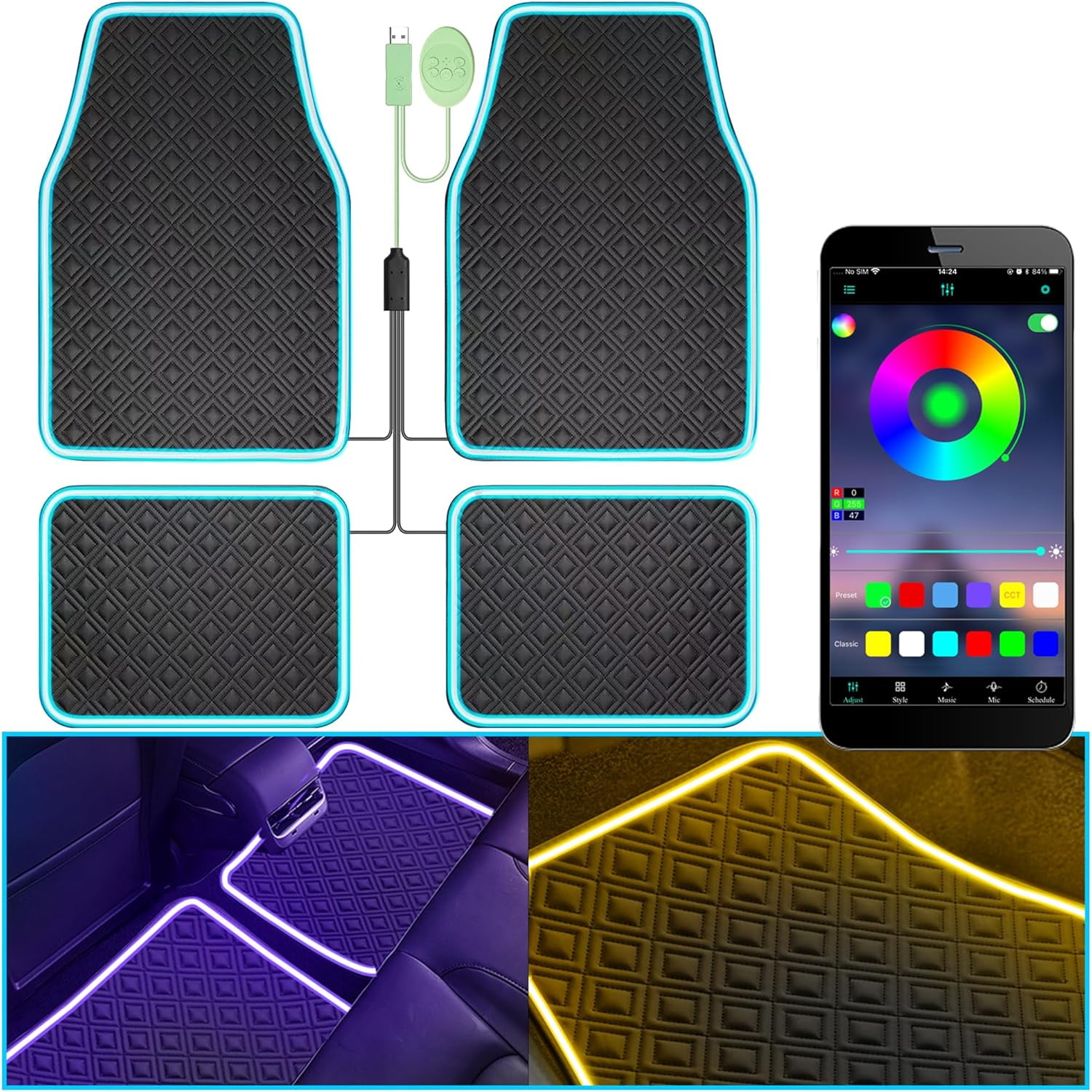 Floor Mats with Led Strip Light, Universal Fit Black Automotive Carpet ...