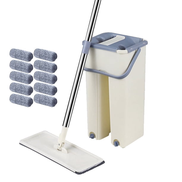 Floor Mop and Bucket Set Flat Mop Heads Dry Cleaner with 10 Microfiber ...