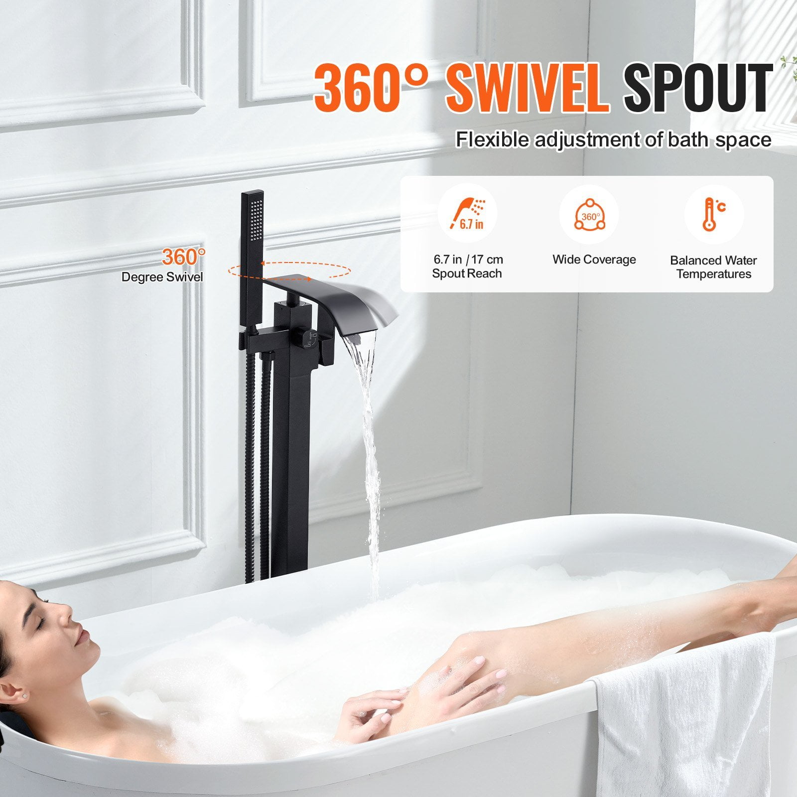 Floor Mount Bathtub Faucet with Shower Mixer - 360° Swivel, Dual ...