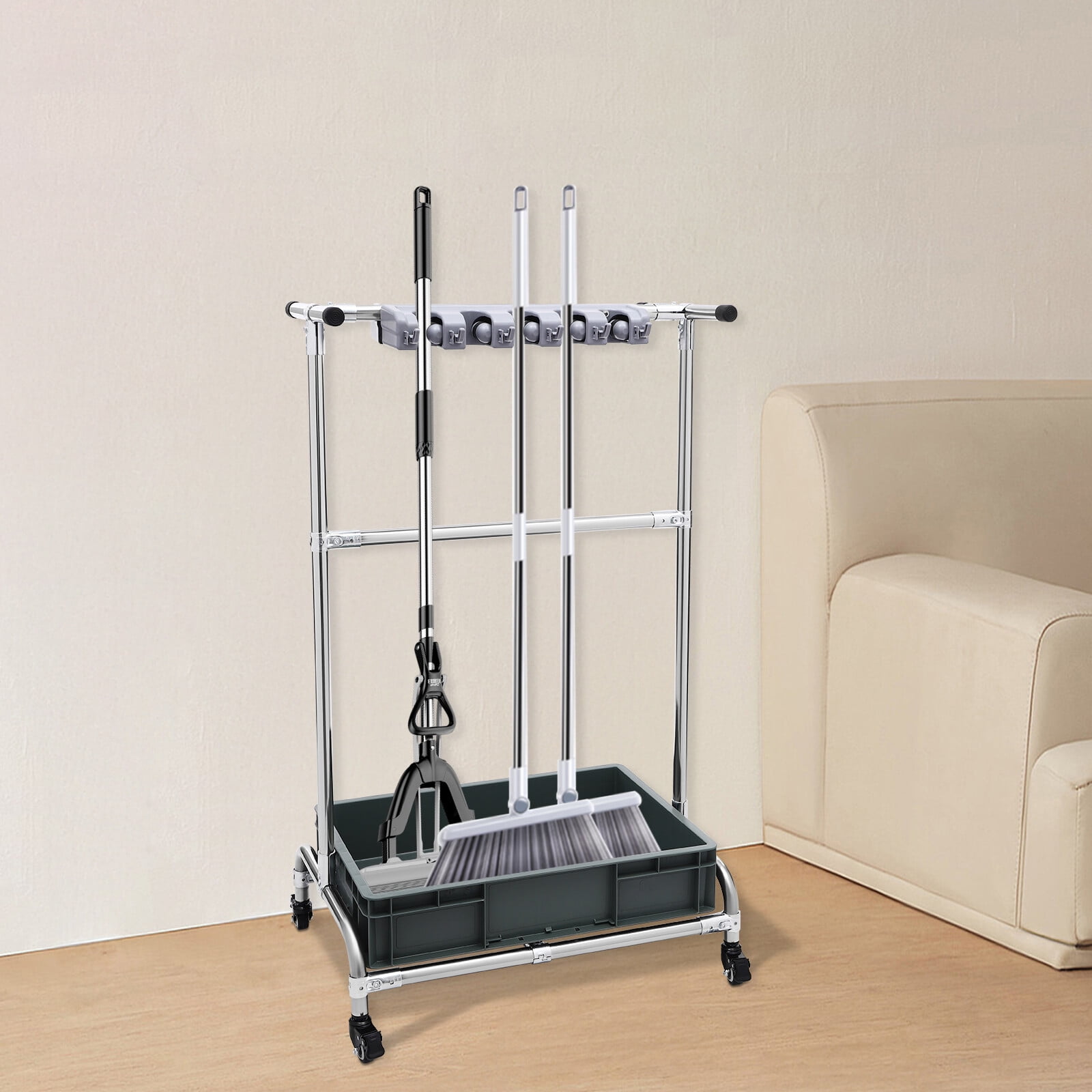 Floor-Mounted Mop Rack Broom and Mop Holder Movable Floor Standing ...