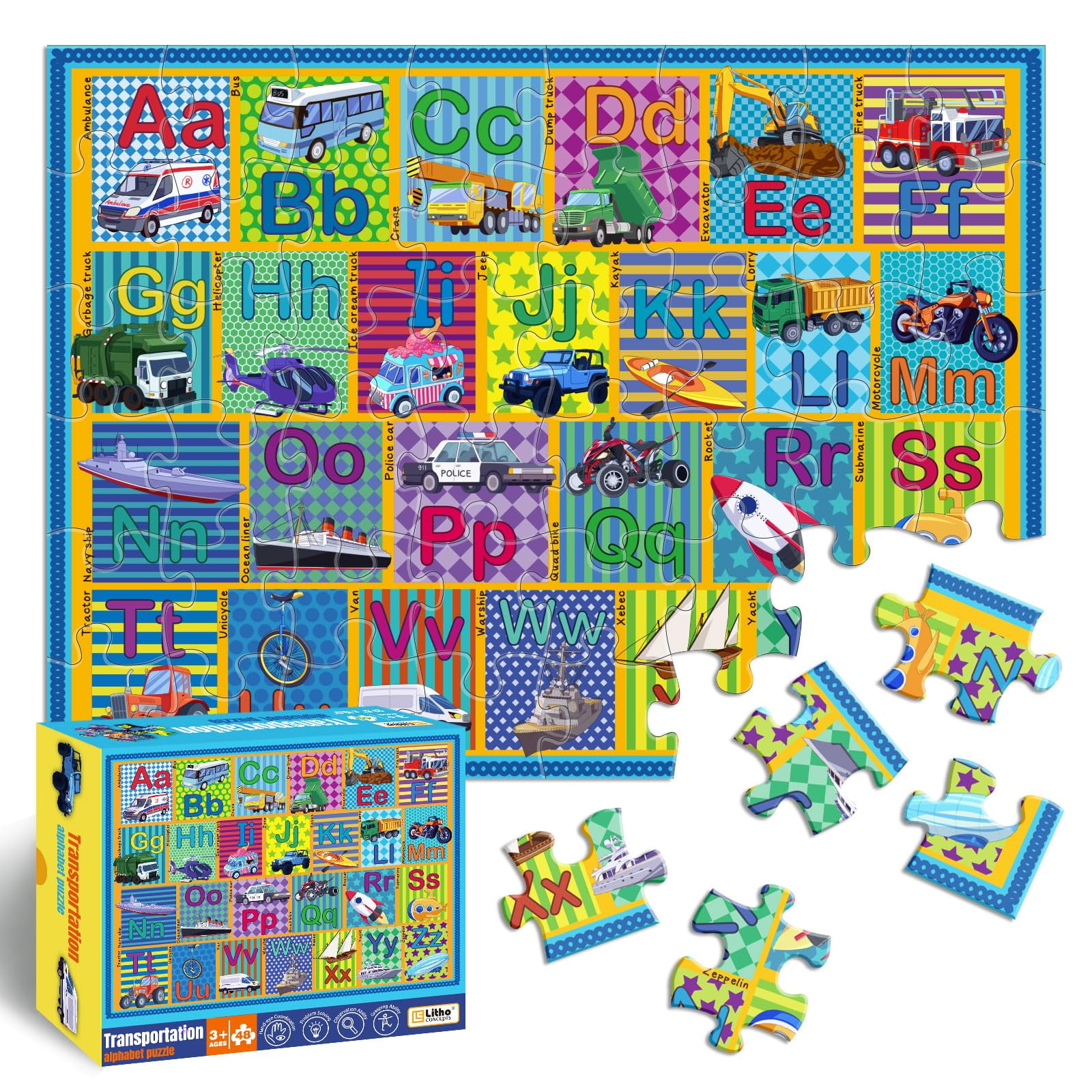 Floor Puzzle for Kids,48 TSF6 Piece Transportation Letter A-Z Alphabet ...