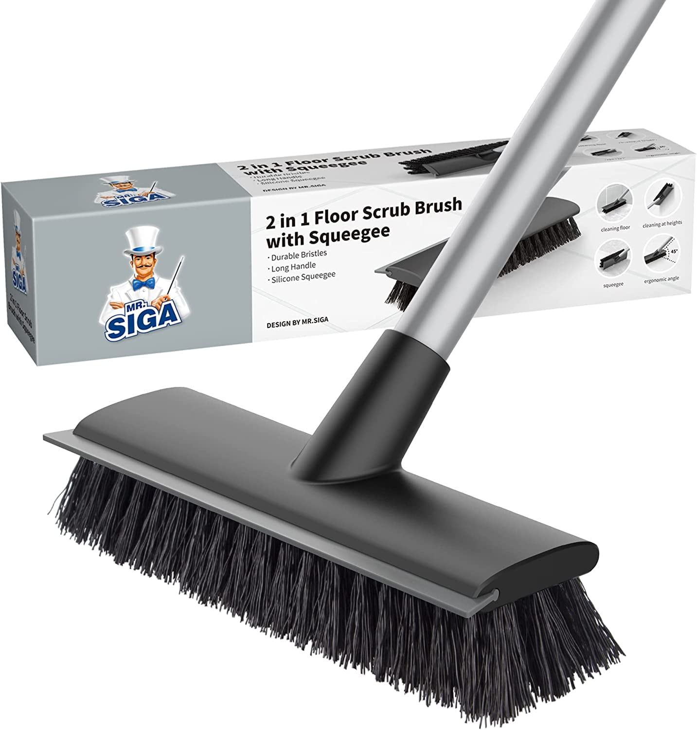 Floor Scrub Brush with Long Handle, 2 in 1 Scrubber and Squeegee for ...