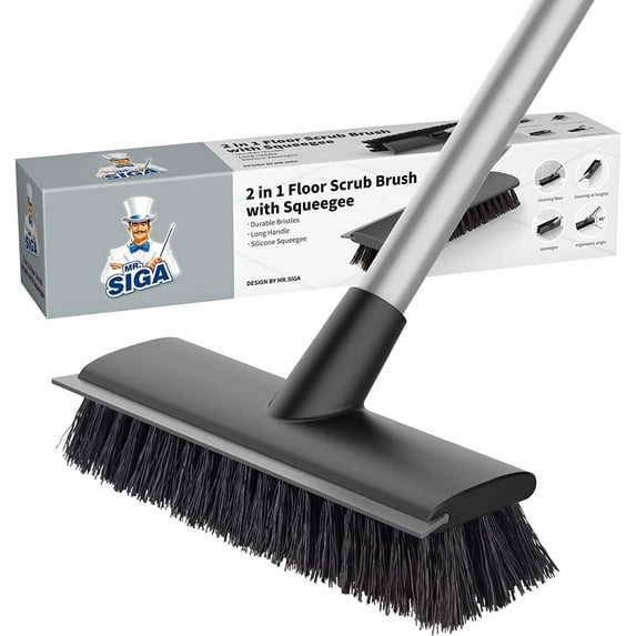 Floor Scrub Brush with Long Handle, 2 in 1 Scrubber and Squeegee for ...