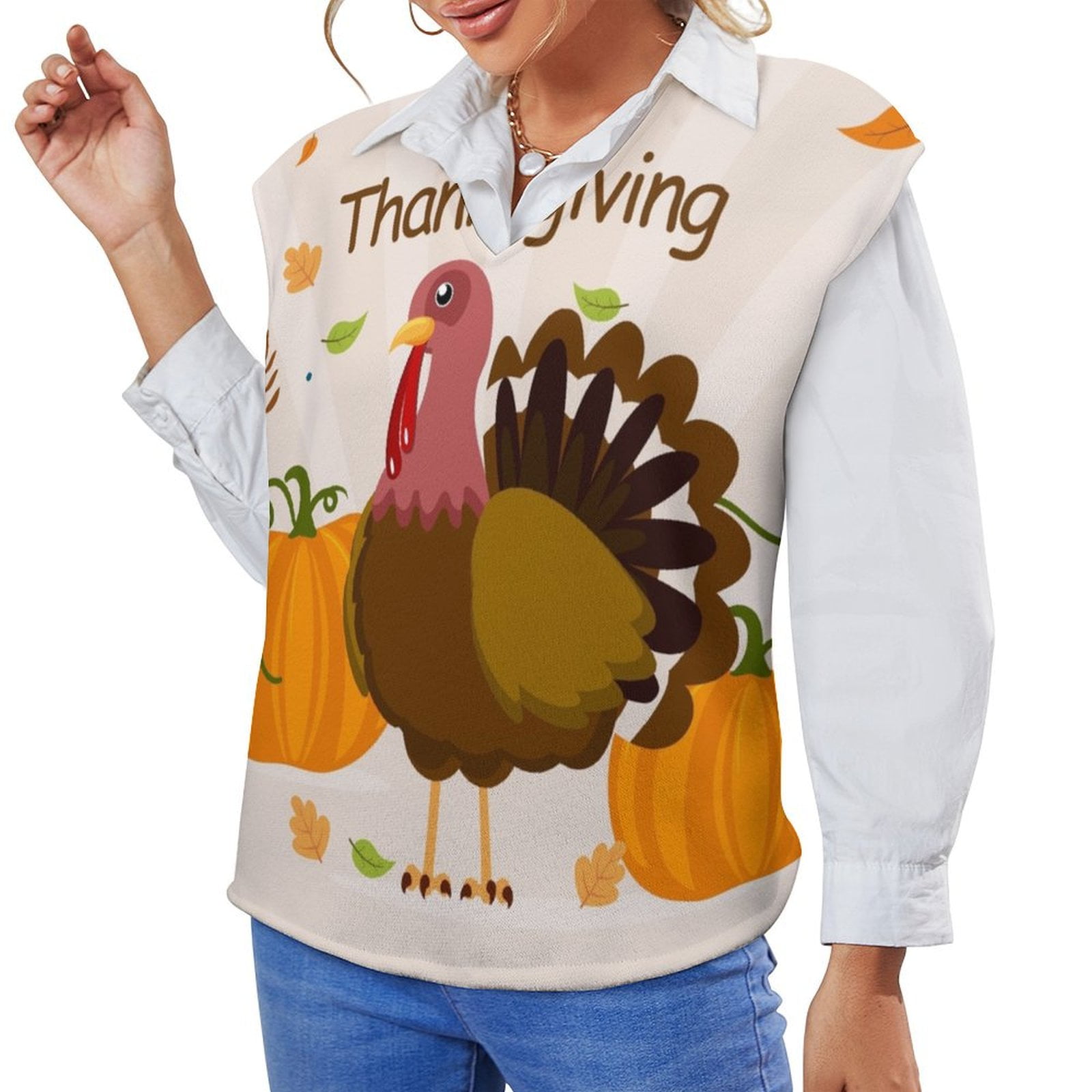 ANYWAY.GO Casual V-neck sweater women's vest Happy Thanksgiving Day ...
