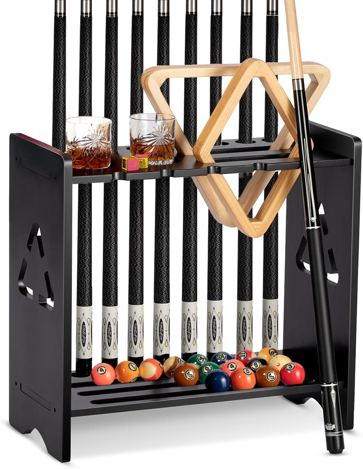 Floor Stand- Billiards Pool Cue Rack Oak Solid Wooden Holds 9 Cues and ...