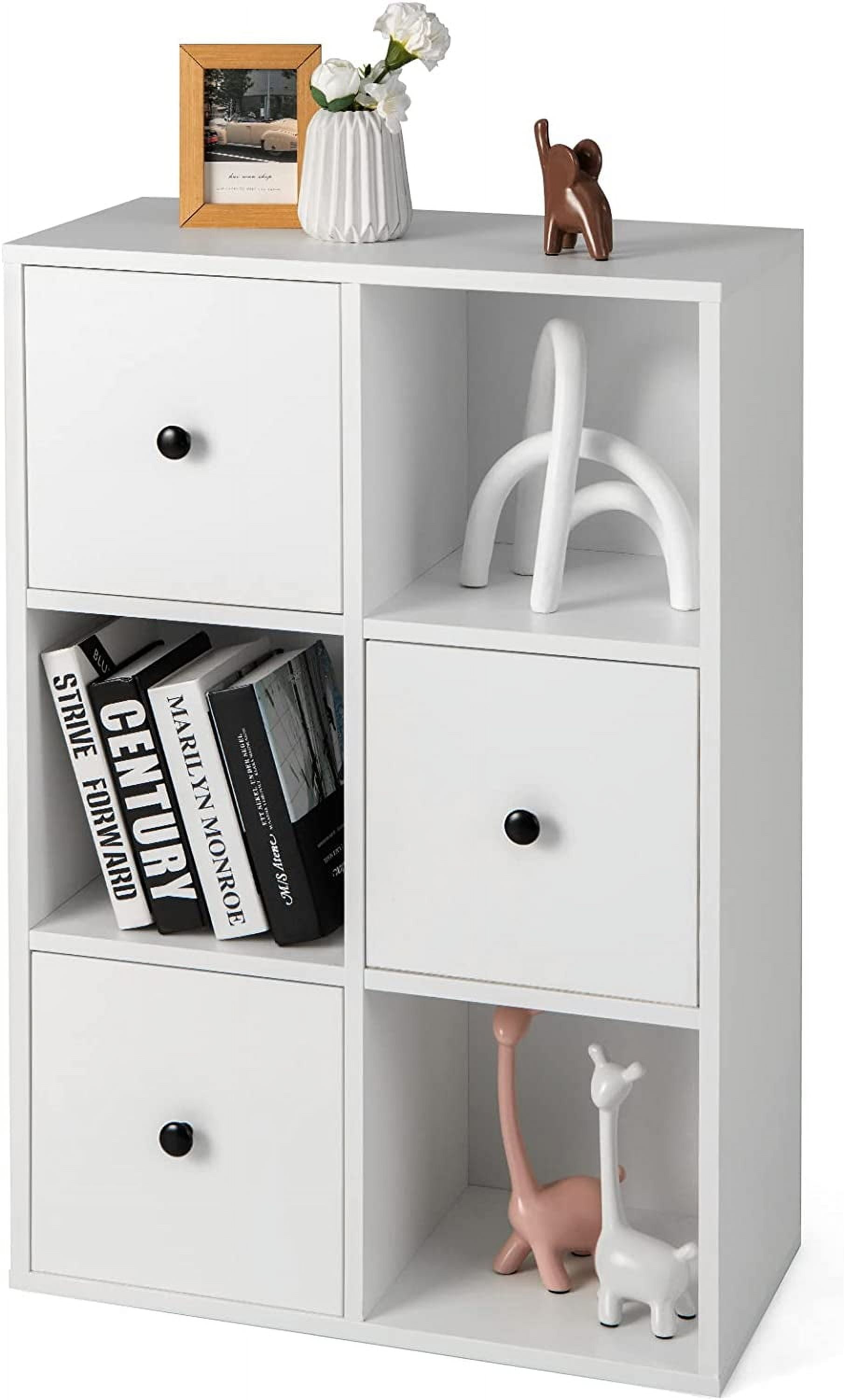 Floor Standing Bookcase Cabinet, 3-Tier Storage Organizer with 3 Cubes ...