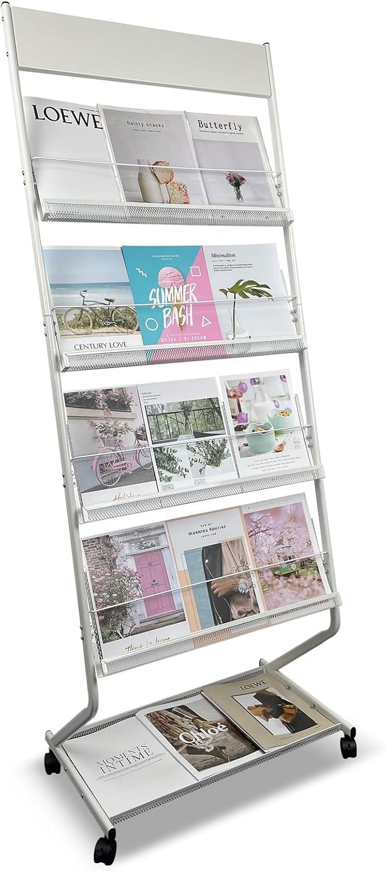 Floor-Standing Magazine Rack 4-Layer with Wheels, Brochure Display ...