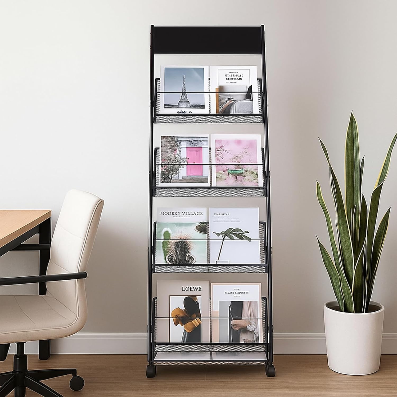 Floor-Standing Magazine Rack 4-Layer with Wheels, Brochure Display ...