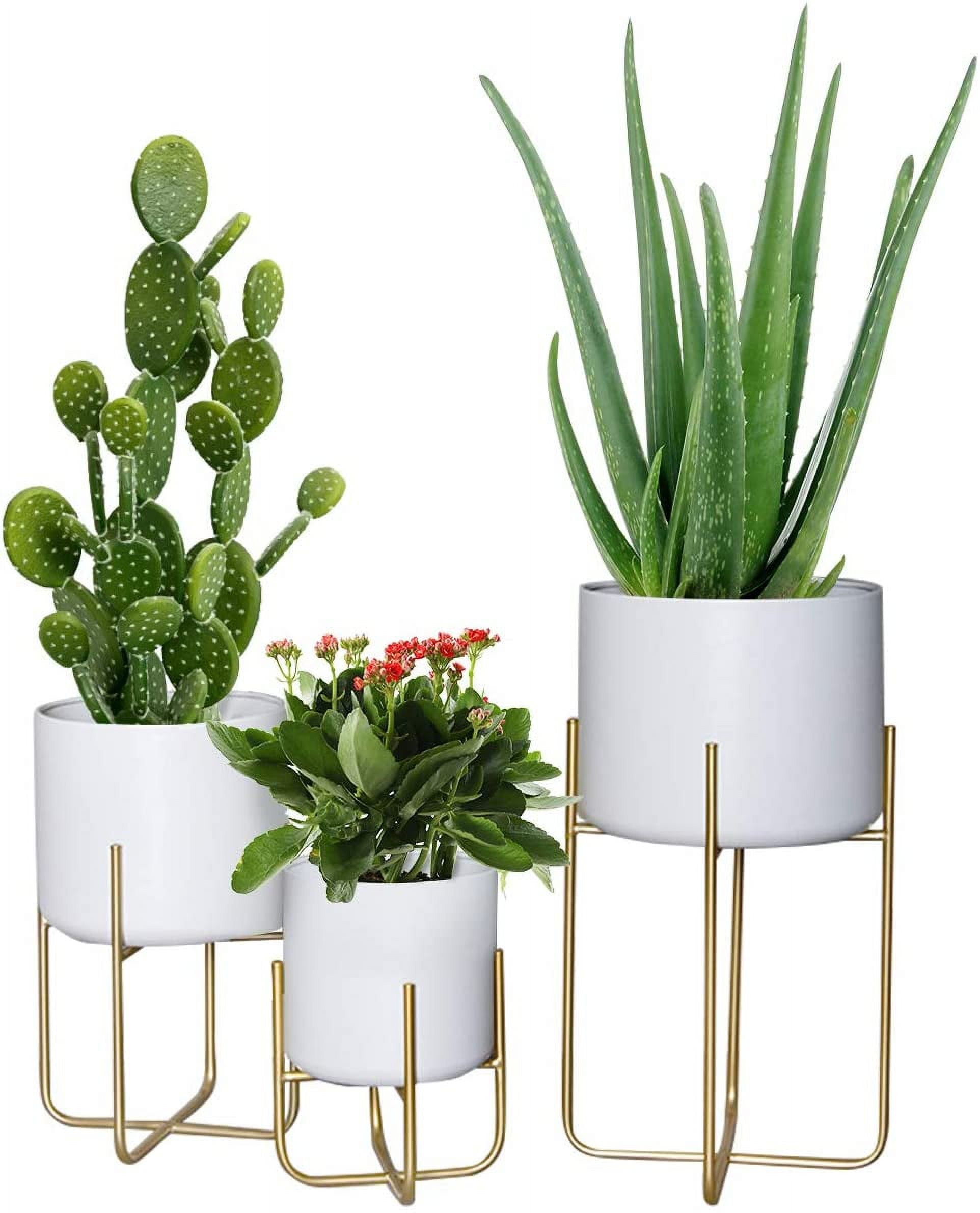 Floor Standing Planters with Metal Stand Pack of 3, White Plant Pot ...