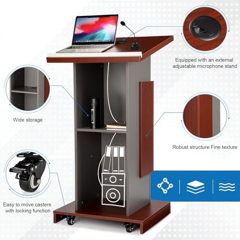 Floor Standing Podium - Portable Wooden Podium with Wheels, Mobile Speaking Lecture Podium ...