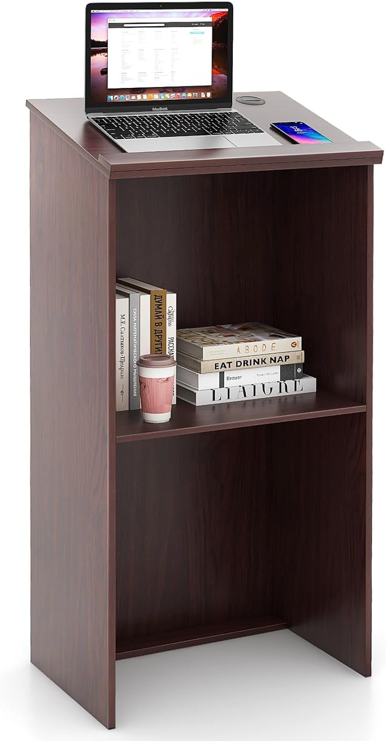 Floor Standing Podium, Wooden Speaking Lectern Hostess Stand with 2 ...