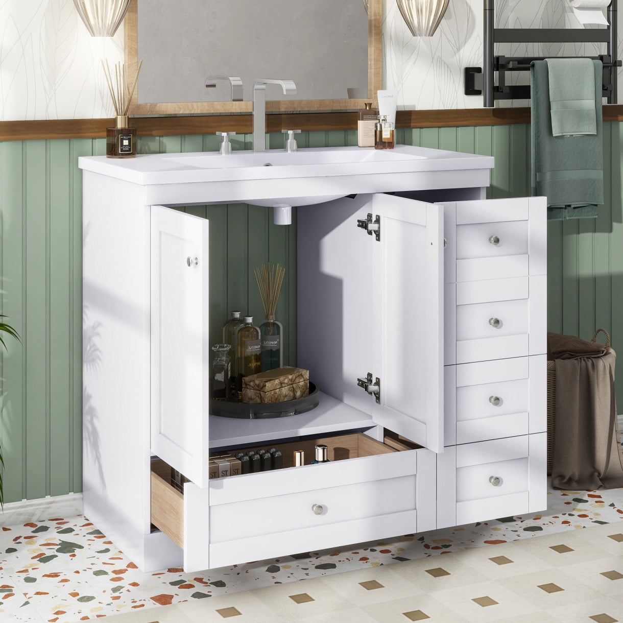 Floor-Standing Shaker Style Bathroom Vanity with 4 Soft-Close Drawers ...