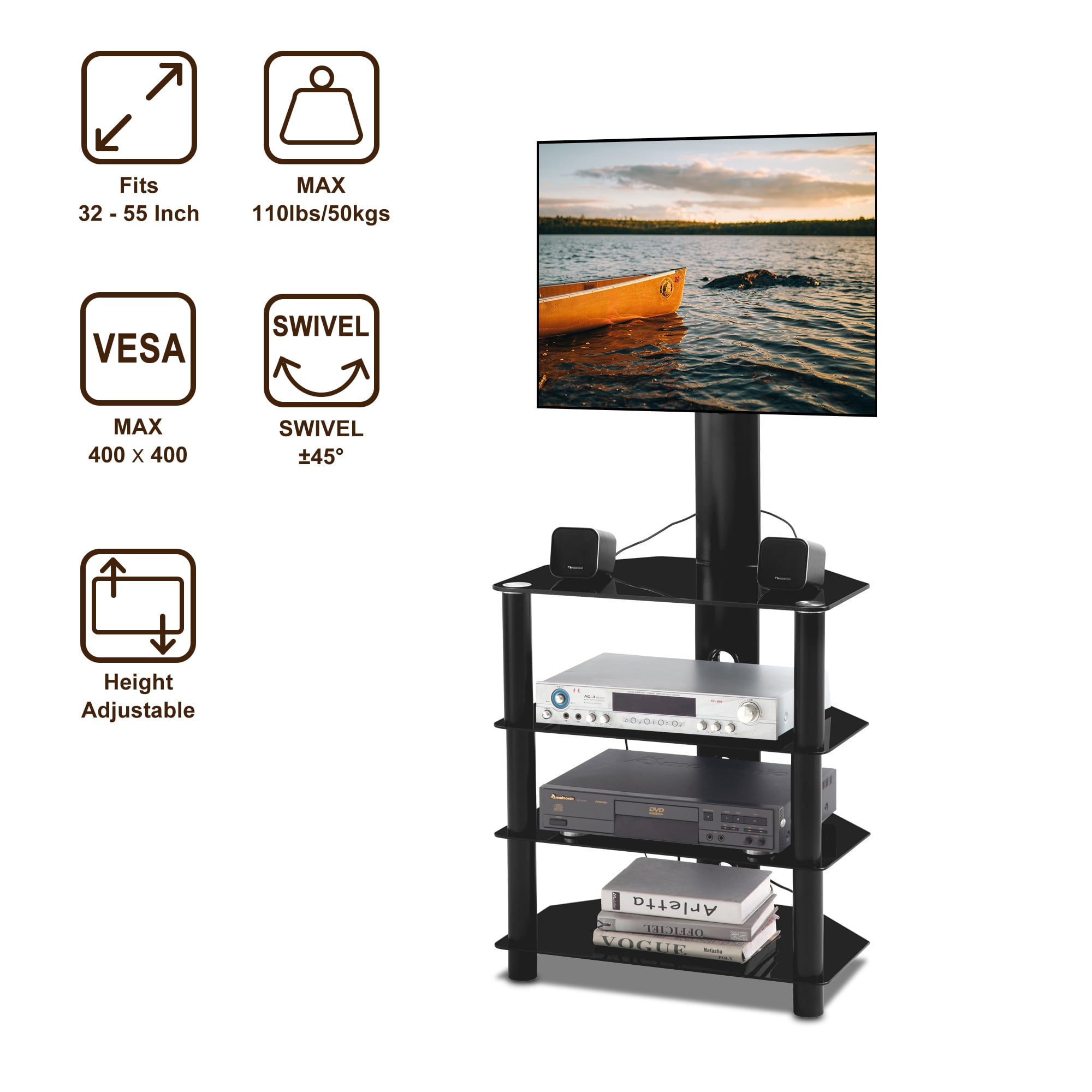 Floor TV Stand, 4 Tiers Adjustable TV Bracket, Tempered Glass & Metal ...