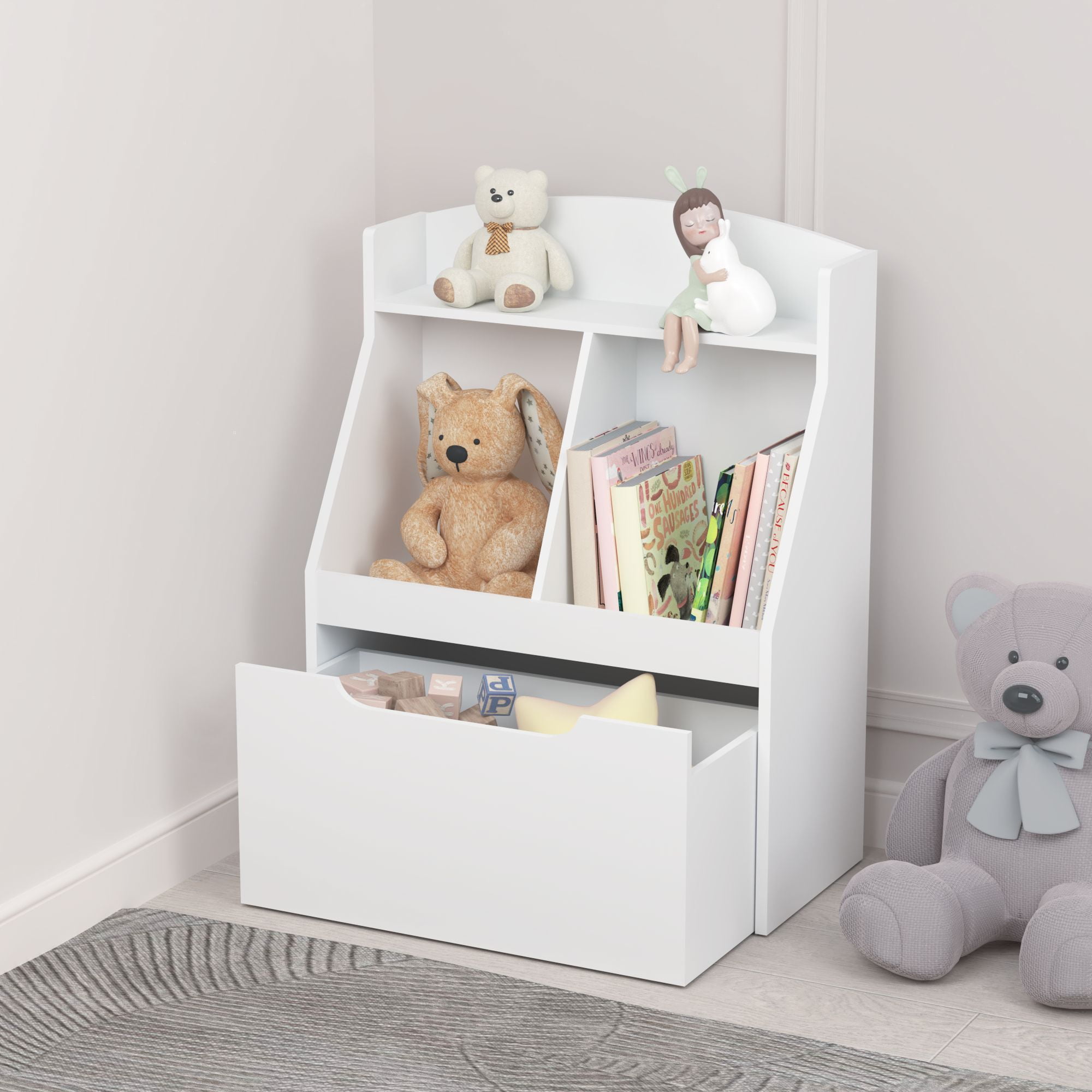 Floor Toy Organizer MDF Toy Cabinet Box With 4 Wheels Shelf Playroom ...
