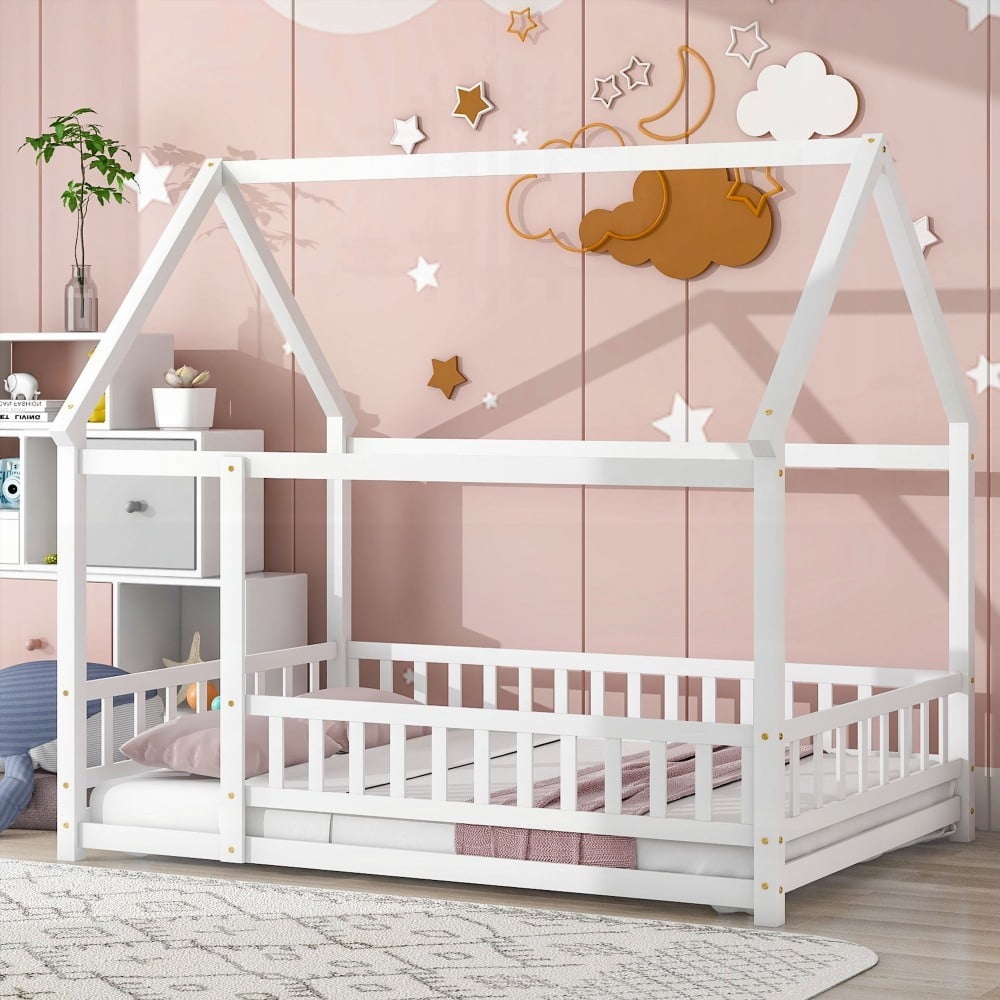 Floor Wooden Bed in Full Size Having a House Roof Frame and Fence ...