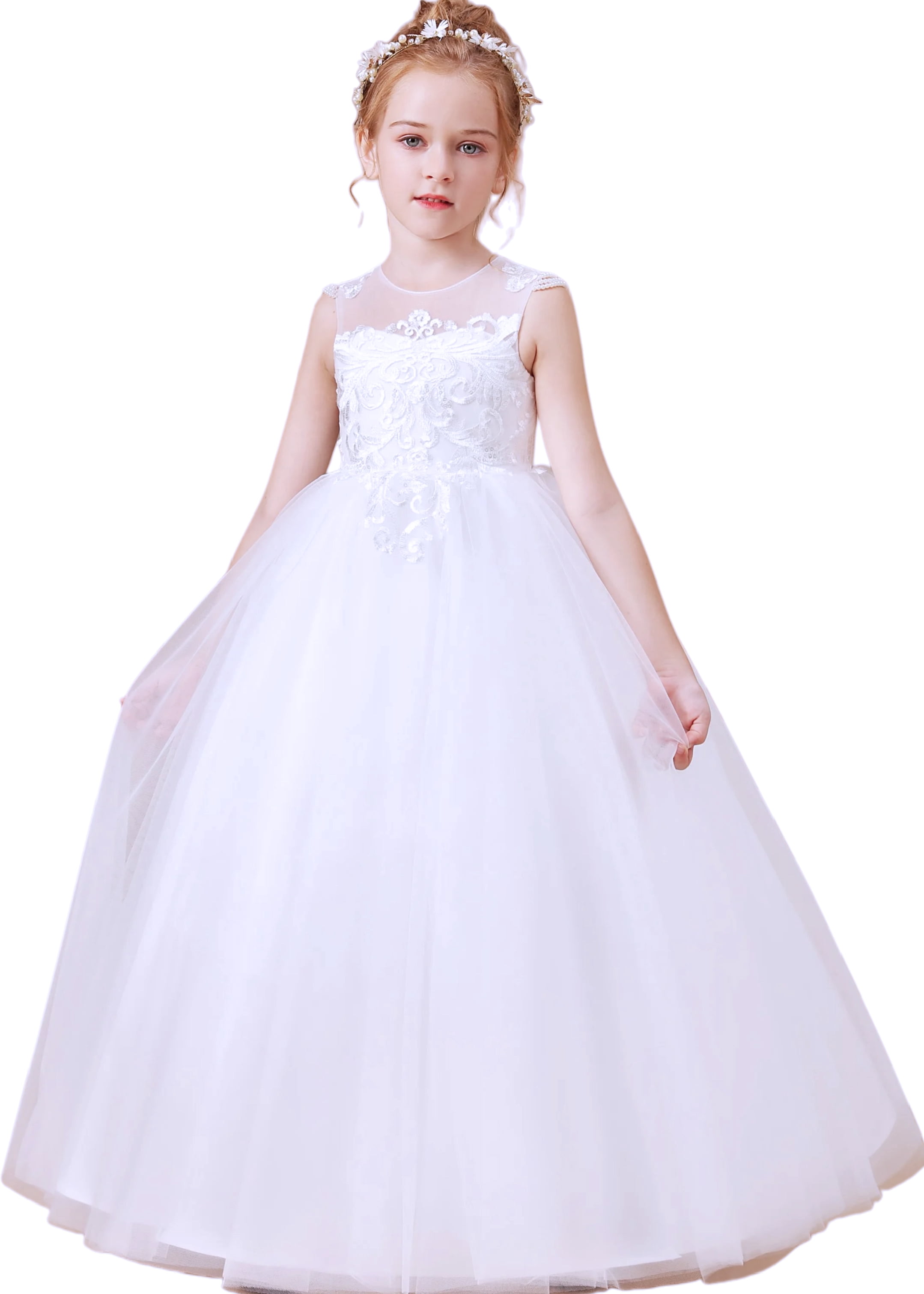 Floor length Flower Girl Dress Scoop Neck Tulle Applique Princess ...