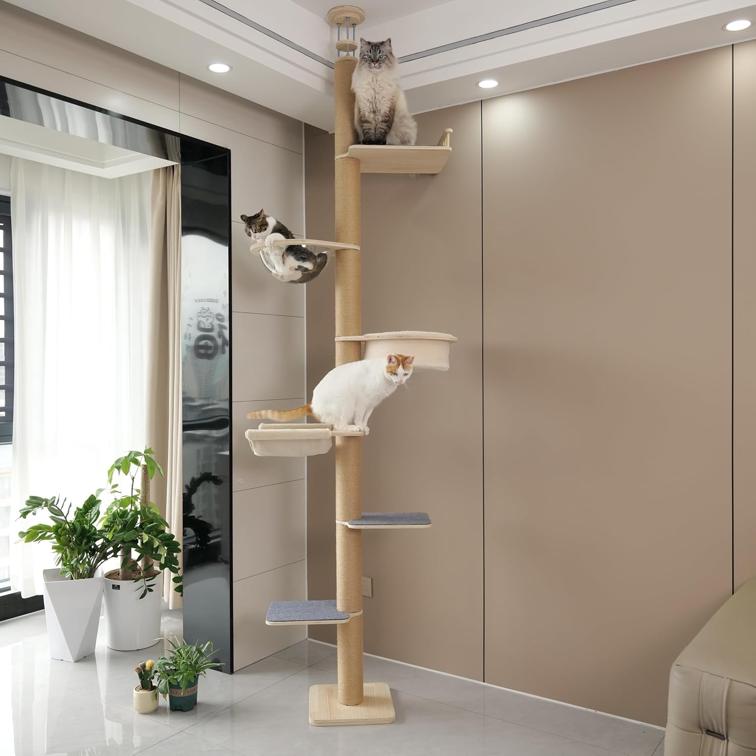 Floor-to-Ceiling Cat Tree Adjustable Height 50-122 9-Pillar 6-Tier ...