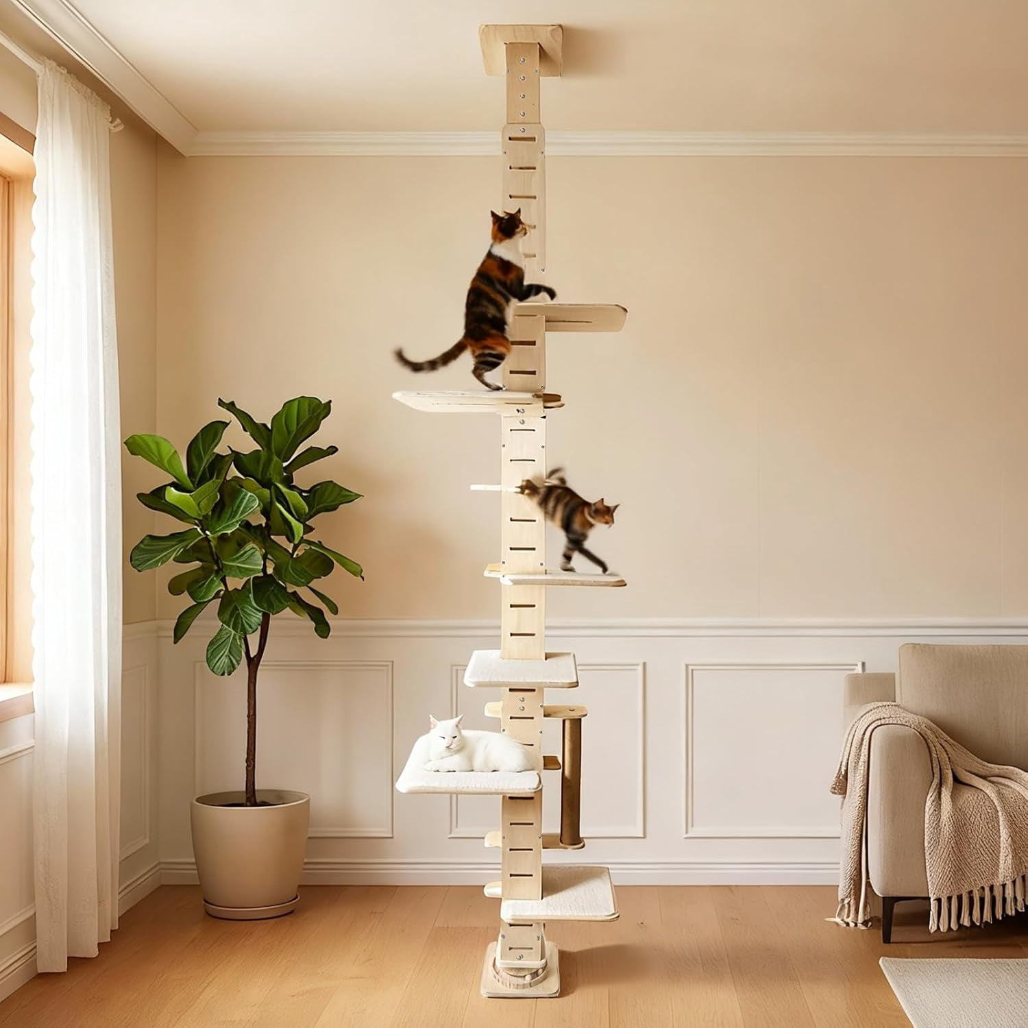 Floor-to-Ceiling Cat Tree, Multi-Level Adjustable Climbing Tower (8.2–9 ...