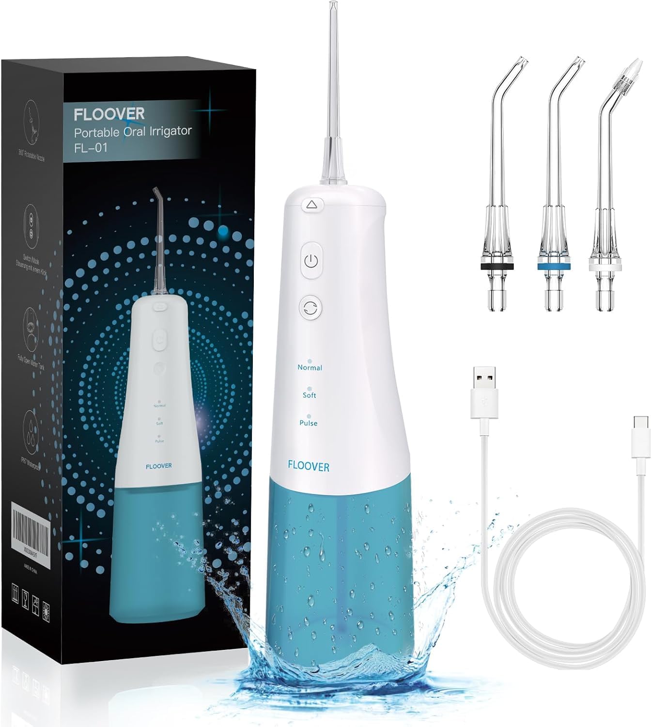 Floover Cordless Portable Water DHF10 Flosser，300ML Large Water Tank, 3 Speed Mode, IPX7 ...