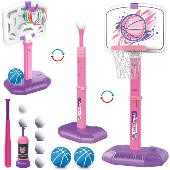 4 in 1 Kids Basketball Hoop and T-Ball Set - Adjustable Basketball ...