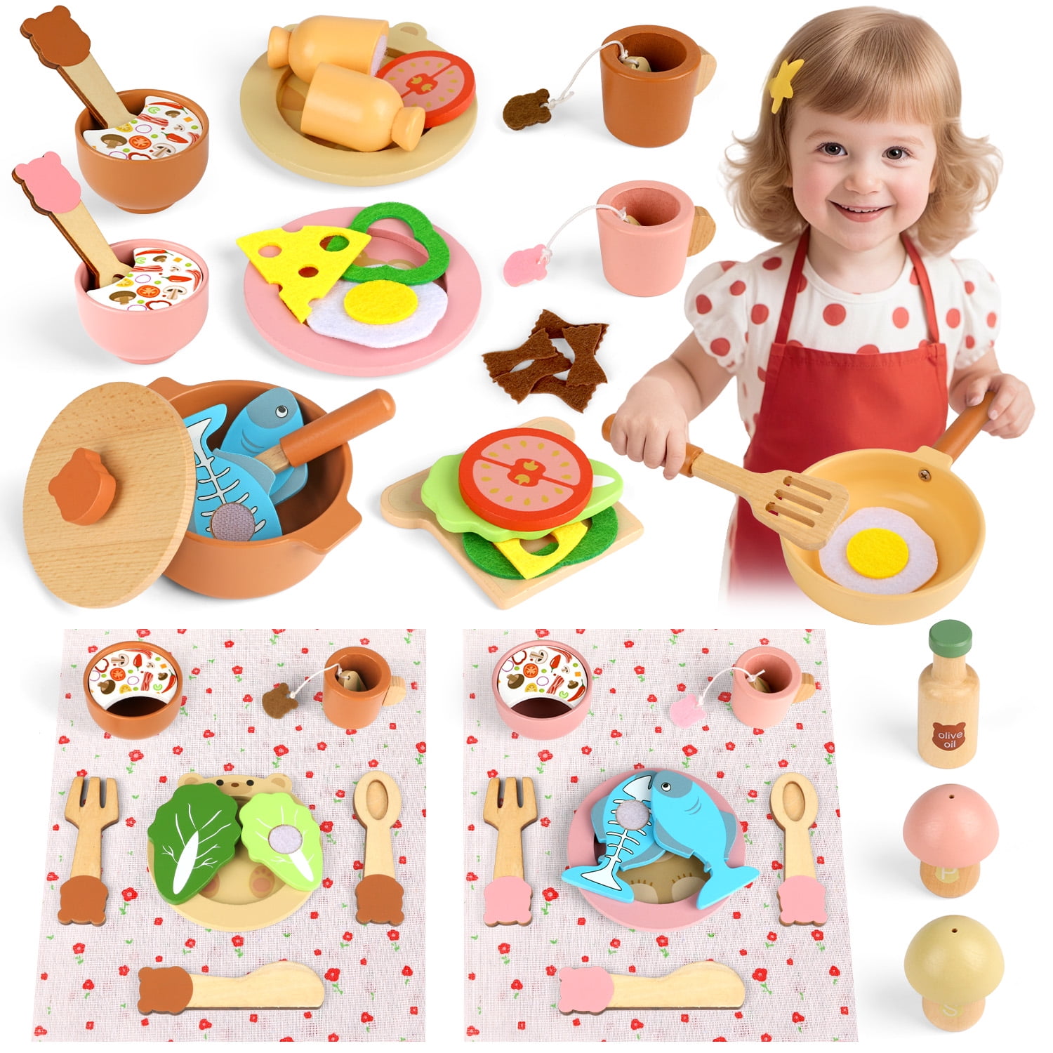 Flooyes 42PCS Bear Wooden Cooking Set For Kids - Walmart.com